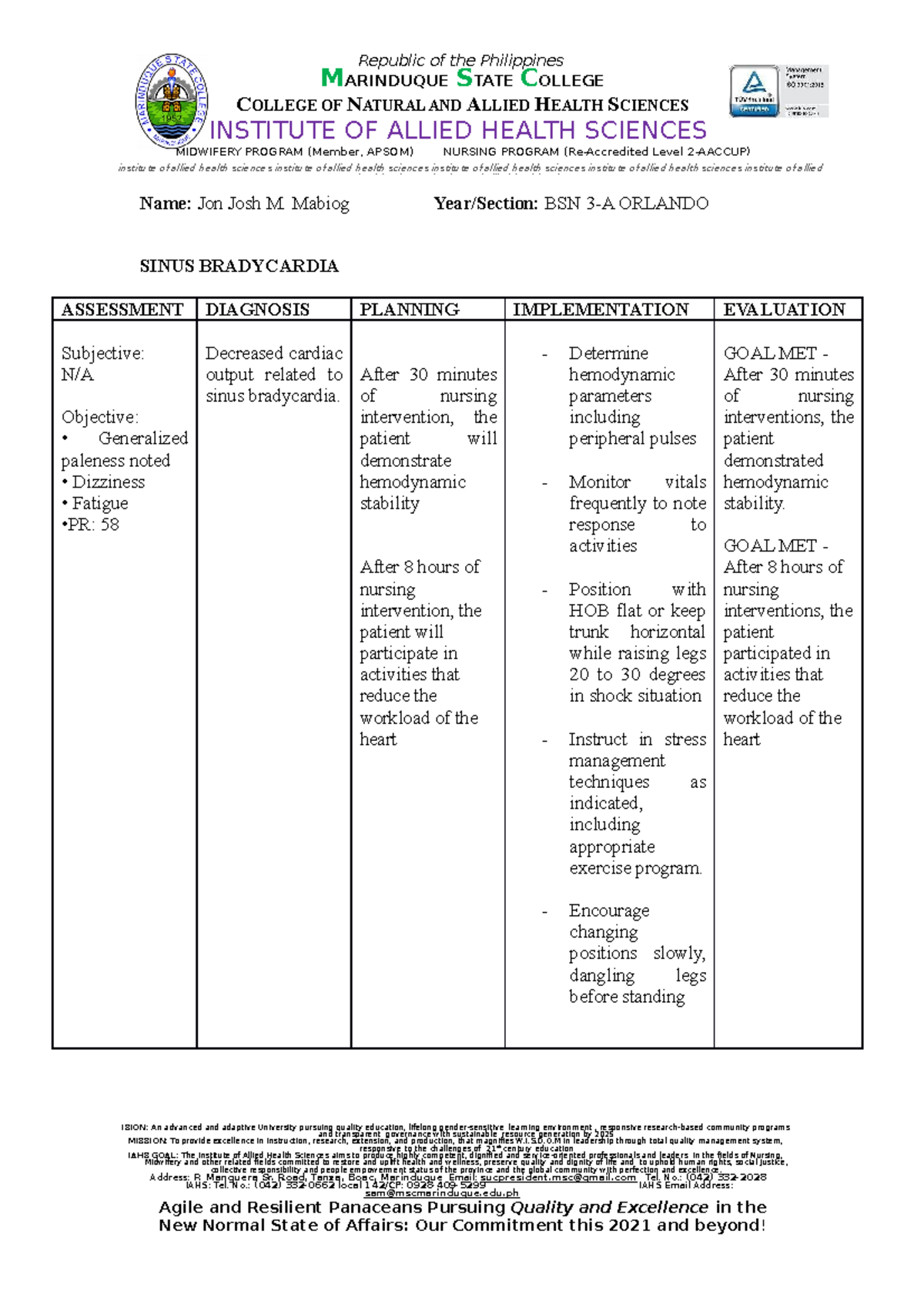 Mabiog - NCP - Arrythmias - Republic of the Philippines MARINDUQUE ...