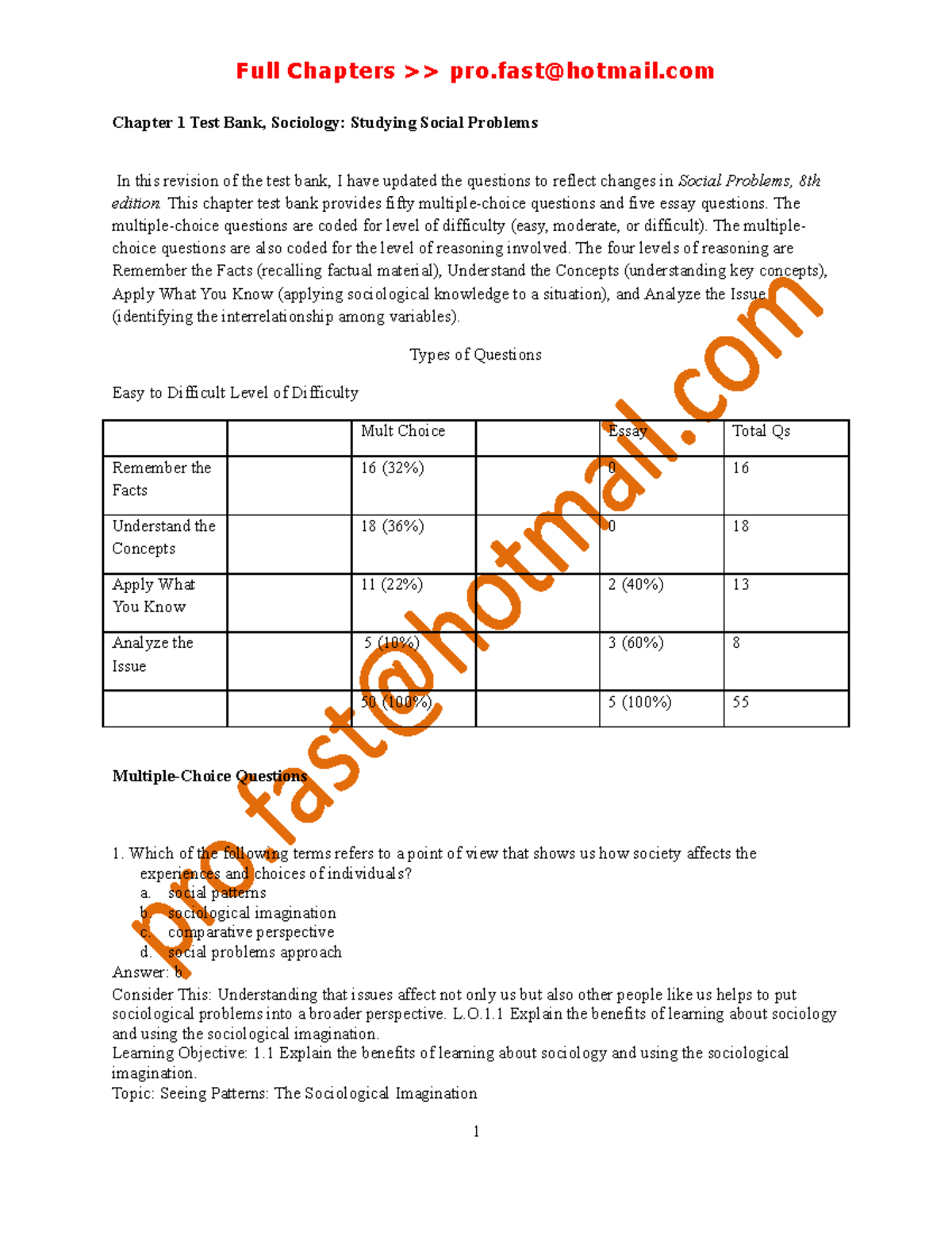 Test Bank for Social Problems 8th Edition by Macionis - Chapter 1 Test ...