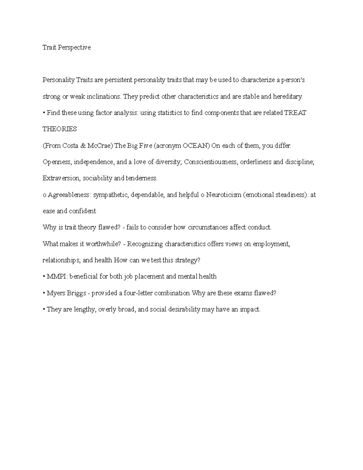 Trait Perspective - notes - Trait Perspective Personality Traits are ...