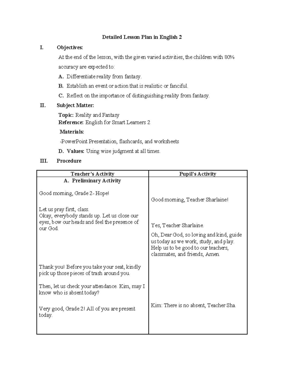 PDF Detailed Lesson PLAN IN English 2 Reality AND Fantasy - Detailed ...