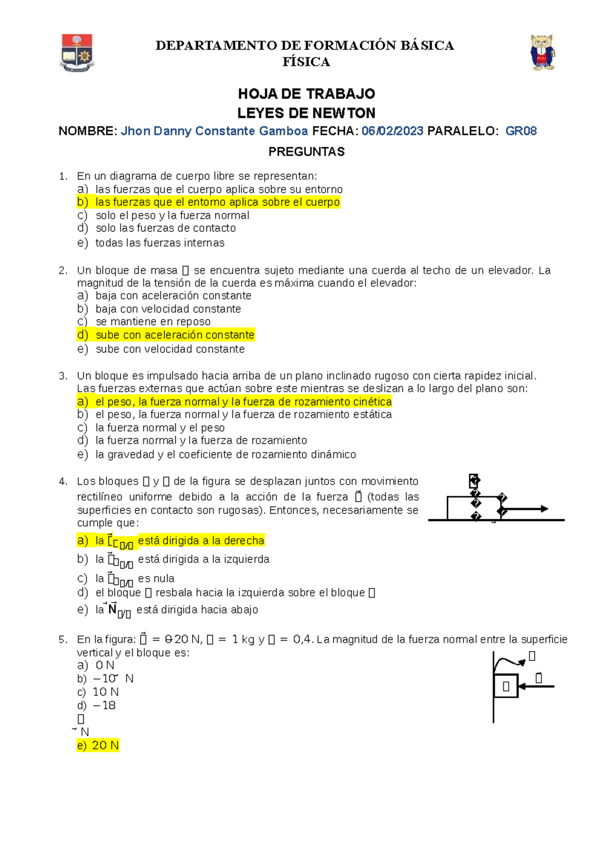 Hoja De Trabajo Sobre Las Leyes Del Movimiento De Newton