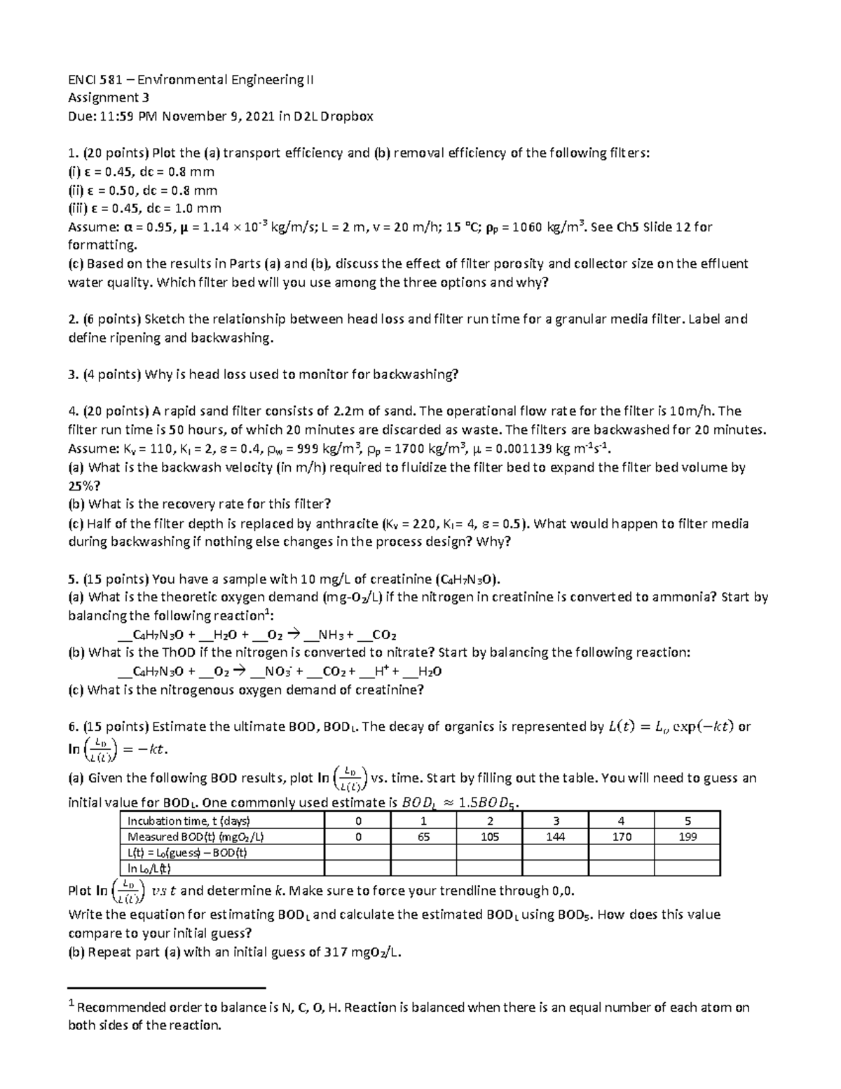 ENCI 581 - Assignment 3 - ENCI 581 – Environmental Engineering II ...