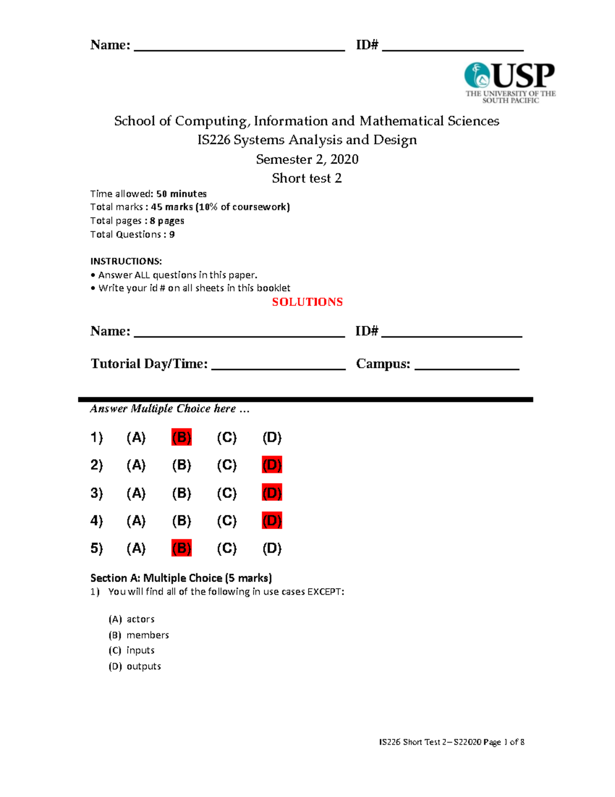 IS226 - Short Test 2 S22020-Solutions - Systems Analysis - USP - Studocu