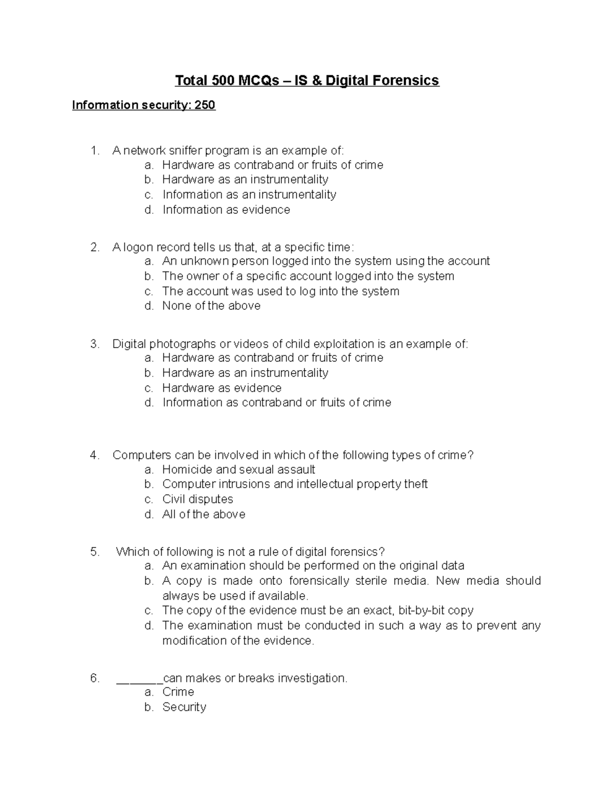 500 MCQs - Lecture notes/ mcqs/ tutorials regarding forensics lifecycle ...
