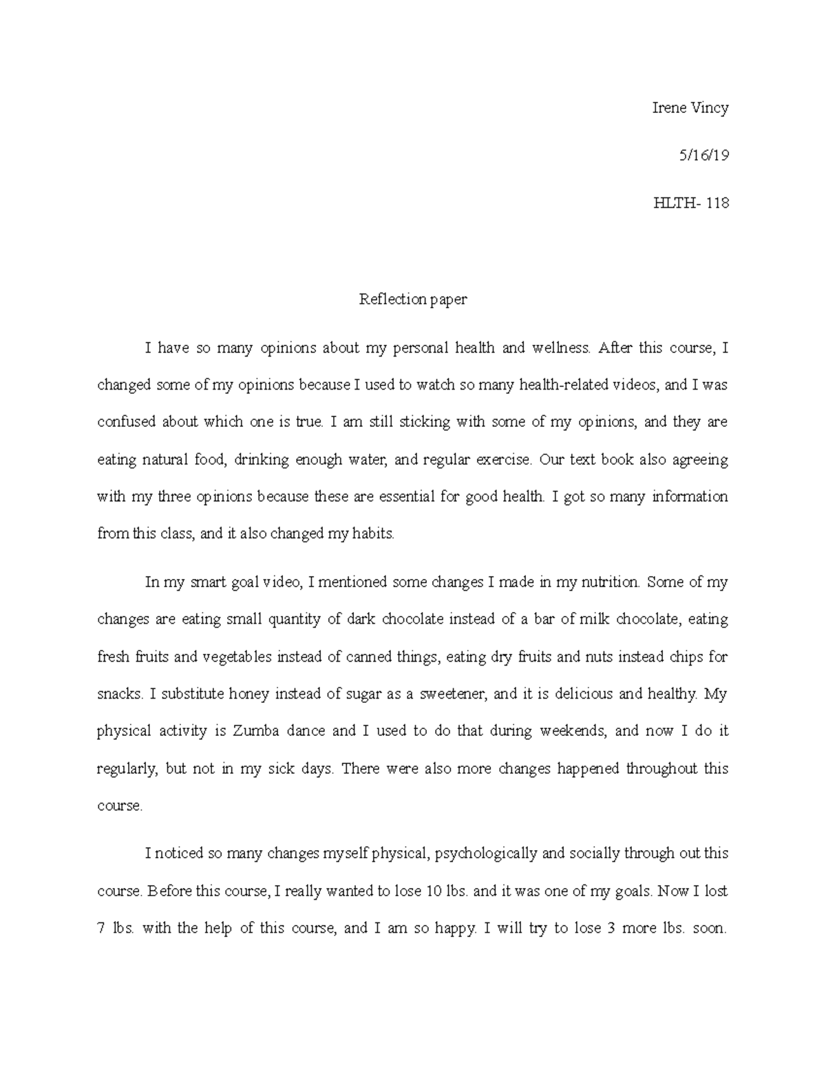 Final reflection paper of health and wellness - Irene Vincy 5/16/ HLTH ...