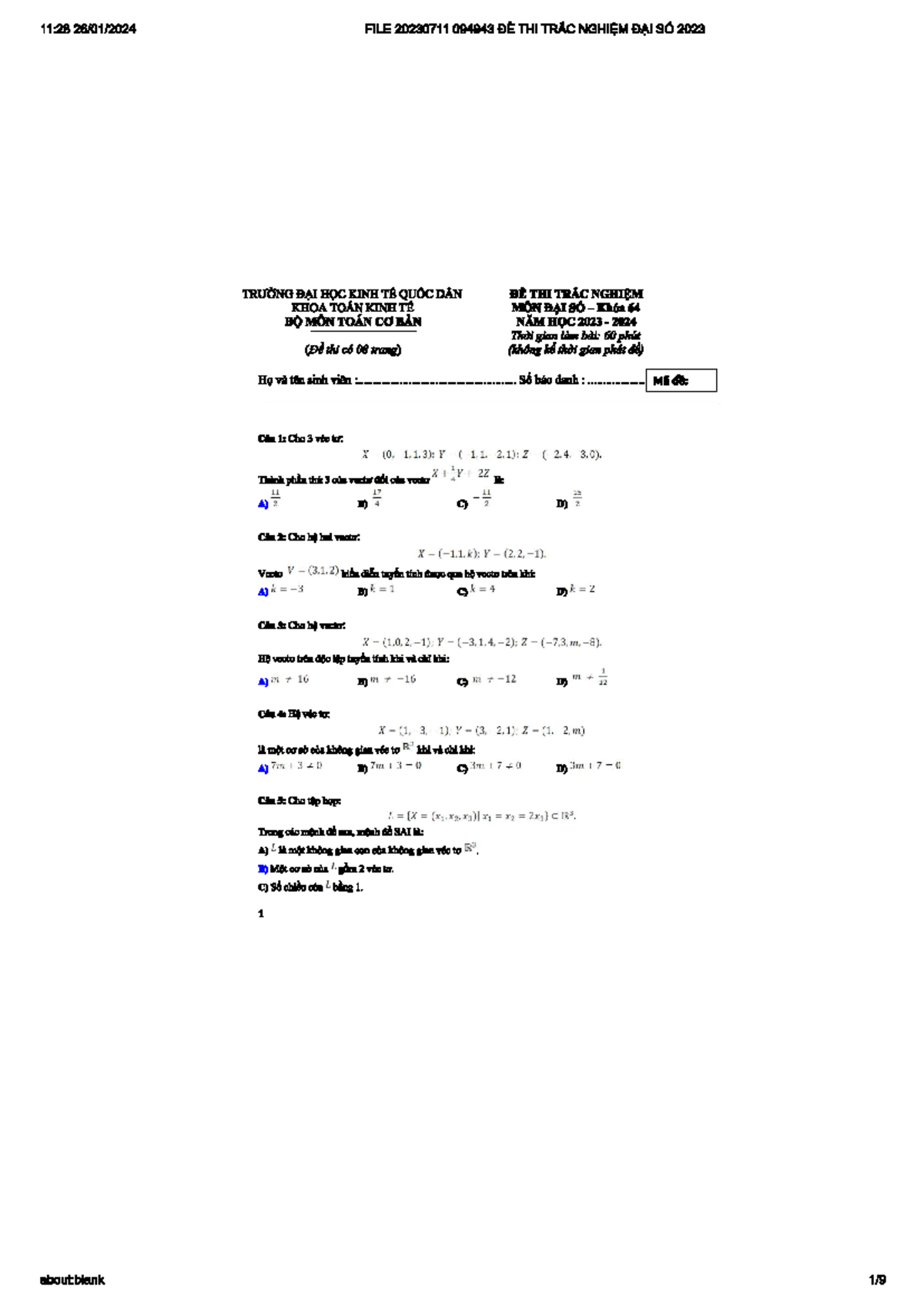 De dstt k64 - 11:28 FILE 20230711 094943 DÊ THI TRÁC NGHIEM DAI SÓ 2023 TRUONG DAI HOC KINH TÉ ...