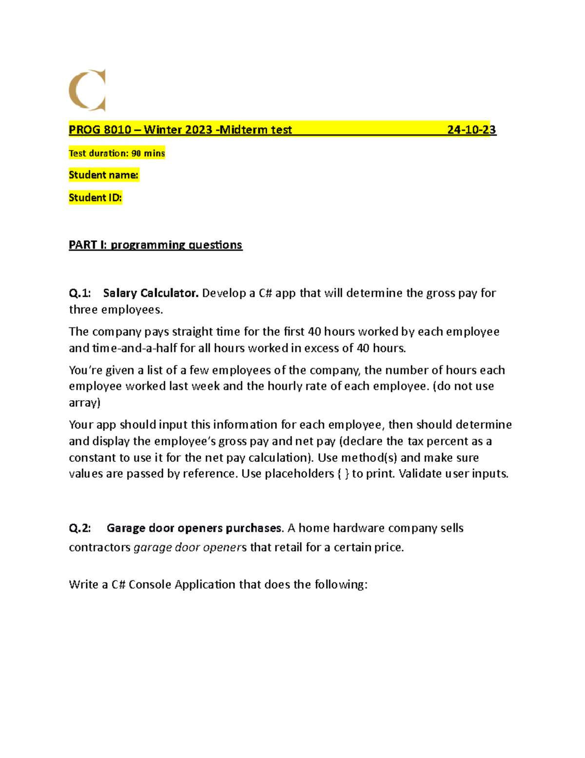 Midtermm - midterm - PROG 8010 – Winter 2023 -Midterm test 24-10-2 3 ...