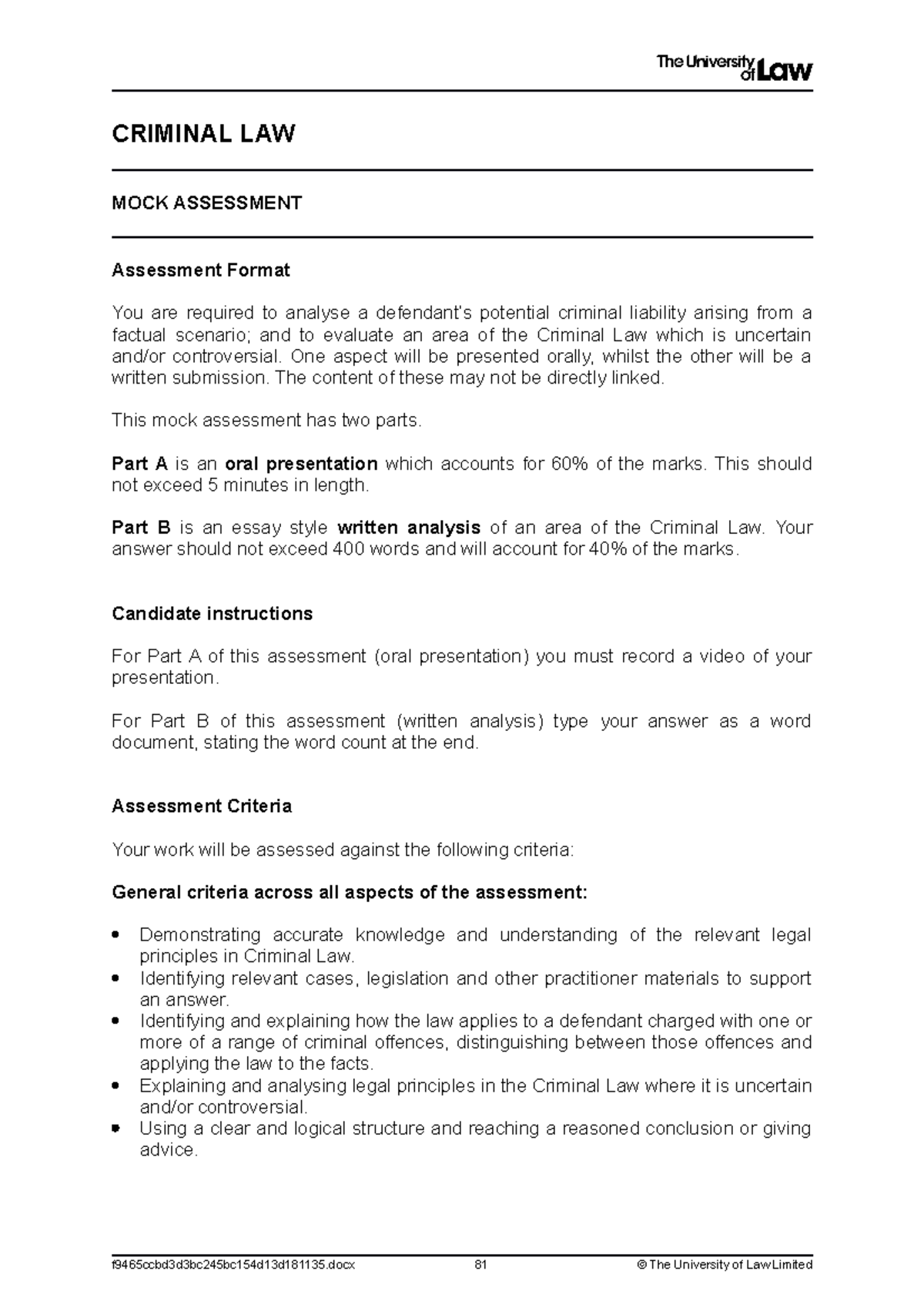 2122 crim ce02 mock assessment - CRIMINAL LAW MOCK ASSESSMENT ...