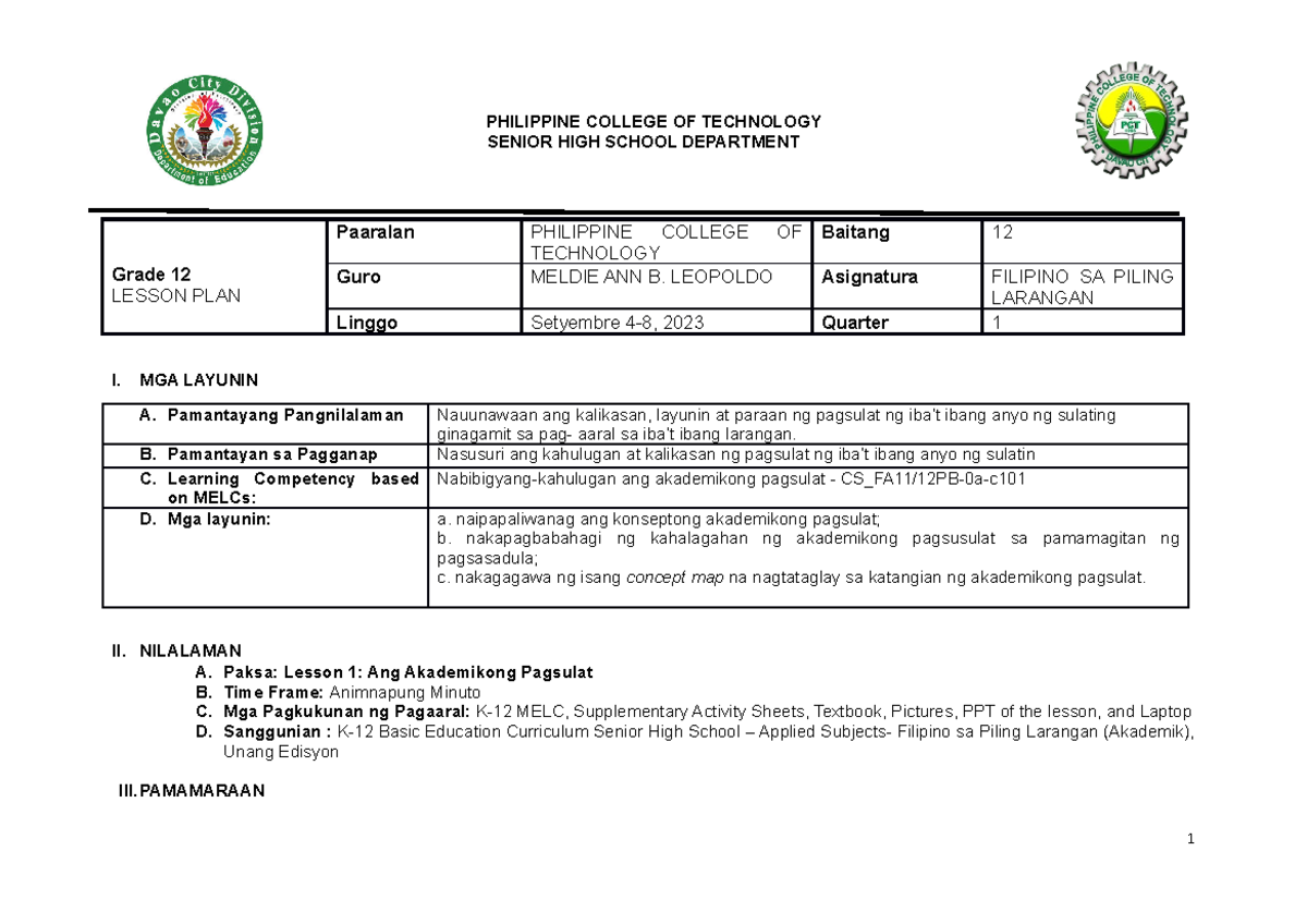 Filipino WEEK1 - Lesson Plan - PHILIPPINE COLLEGE OF TECHNOLOGY SENIOR ...