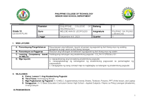 Filipino WEEK1 - Lesson Plan - PHILIPPINE COLLEGE OF TECHNOLOGY SENIOR ...
