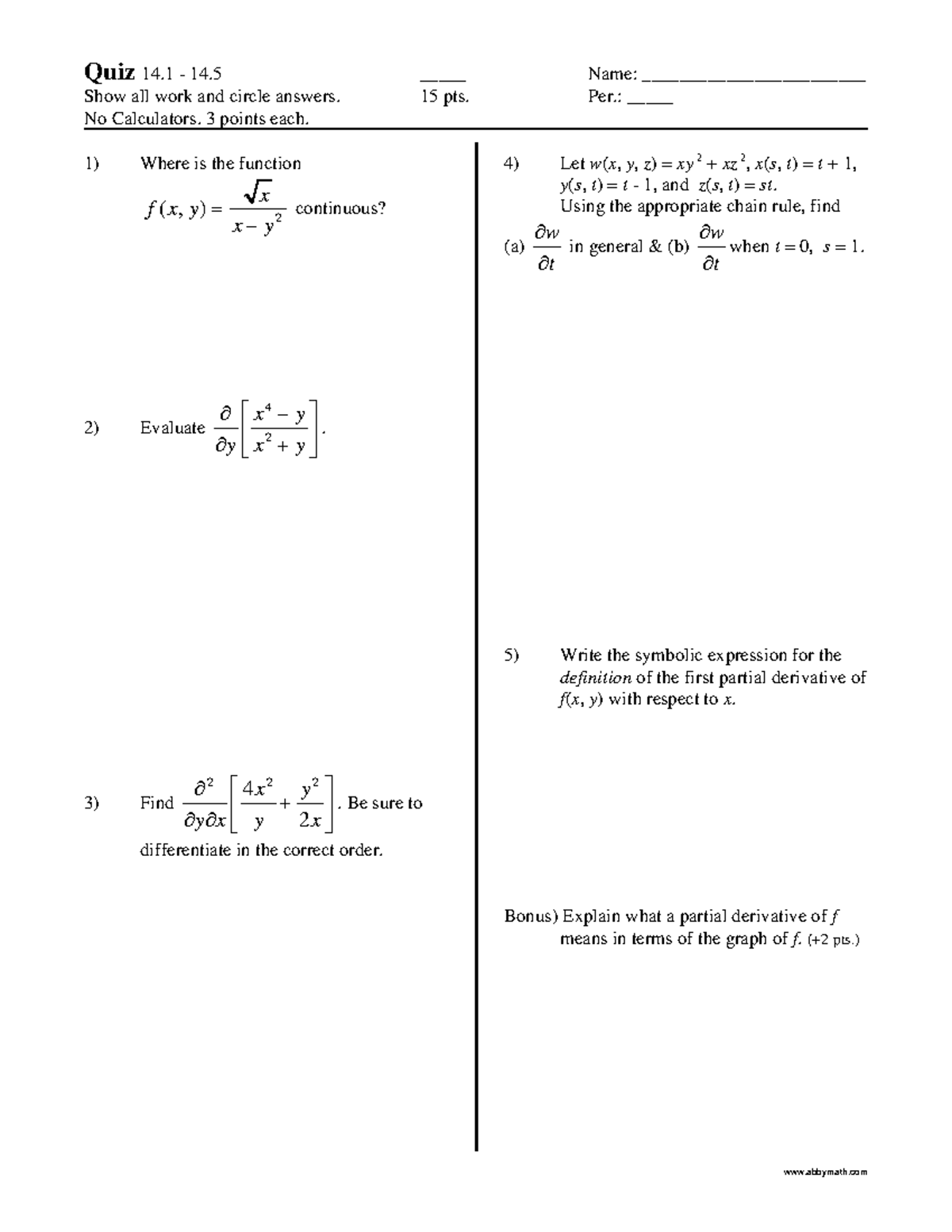 Calculus D - Quiz #3 - test - Quiz 14 - 14 _____ Name ...