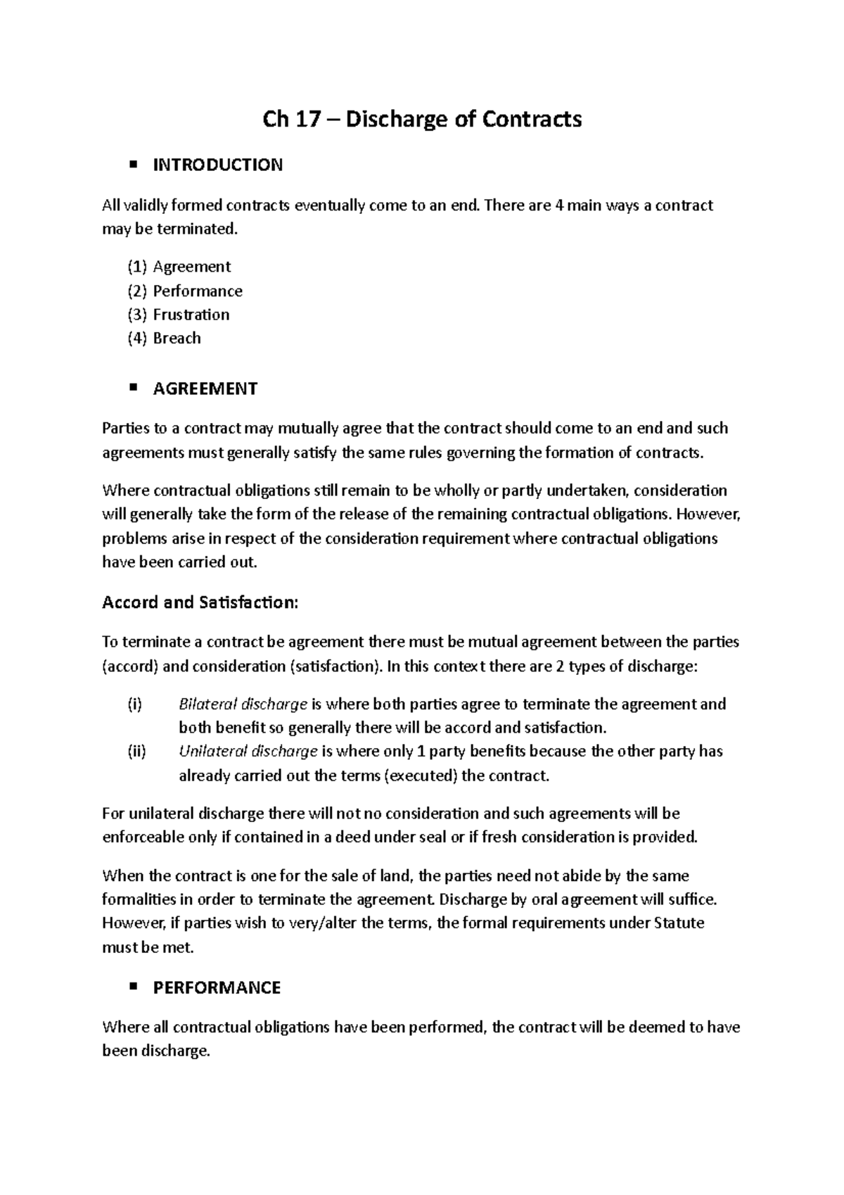 Chapter 17 - Discharge of Contracts - Ch 17 – Discharge of Contracts ...
