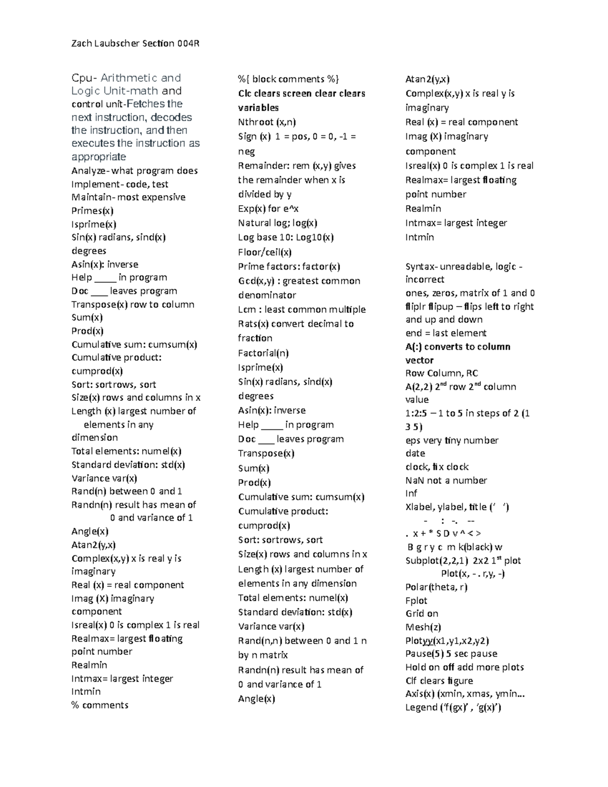 Assesment 7 - Cheat sheer for assessment 7 - Zach Laubscher Section ...