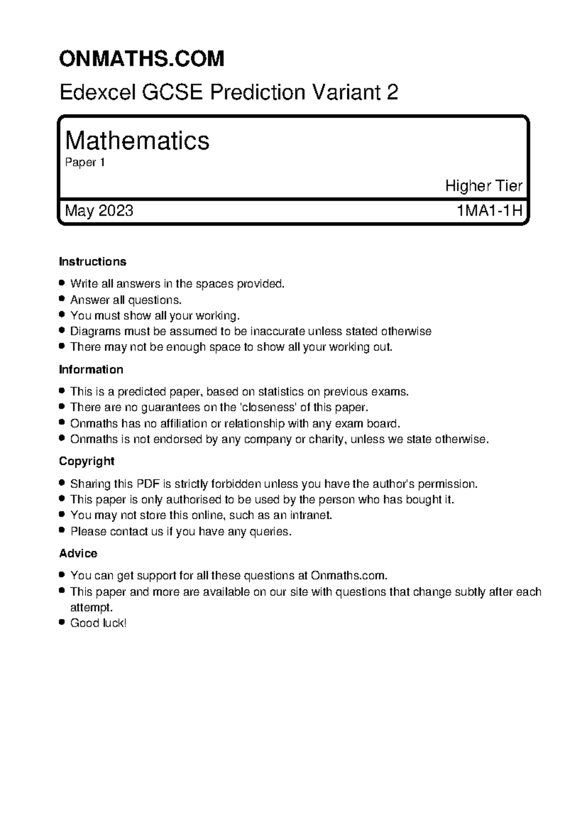 1H - V2 - 1H - V2 - ONMATHS Edexcel GCSE Prediction Variant 2 ...