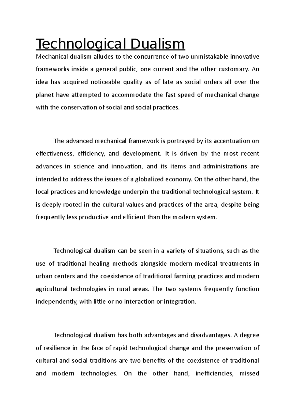 Technological Dualism - Technological Dualism Mechanical dualism ...