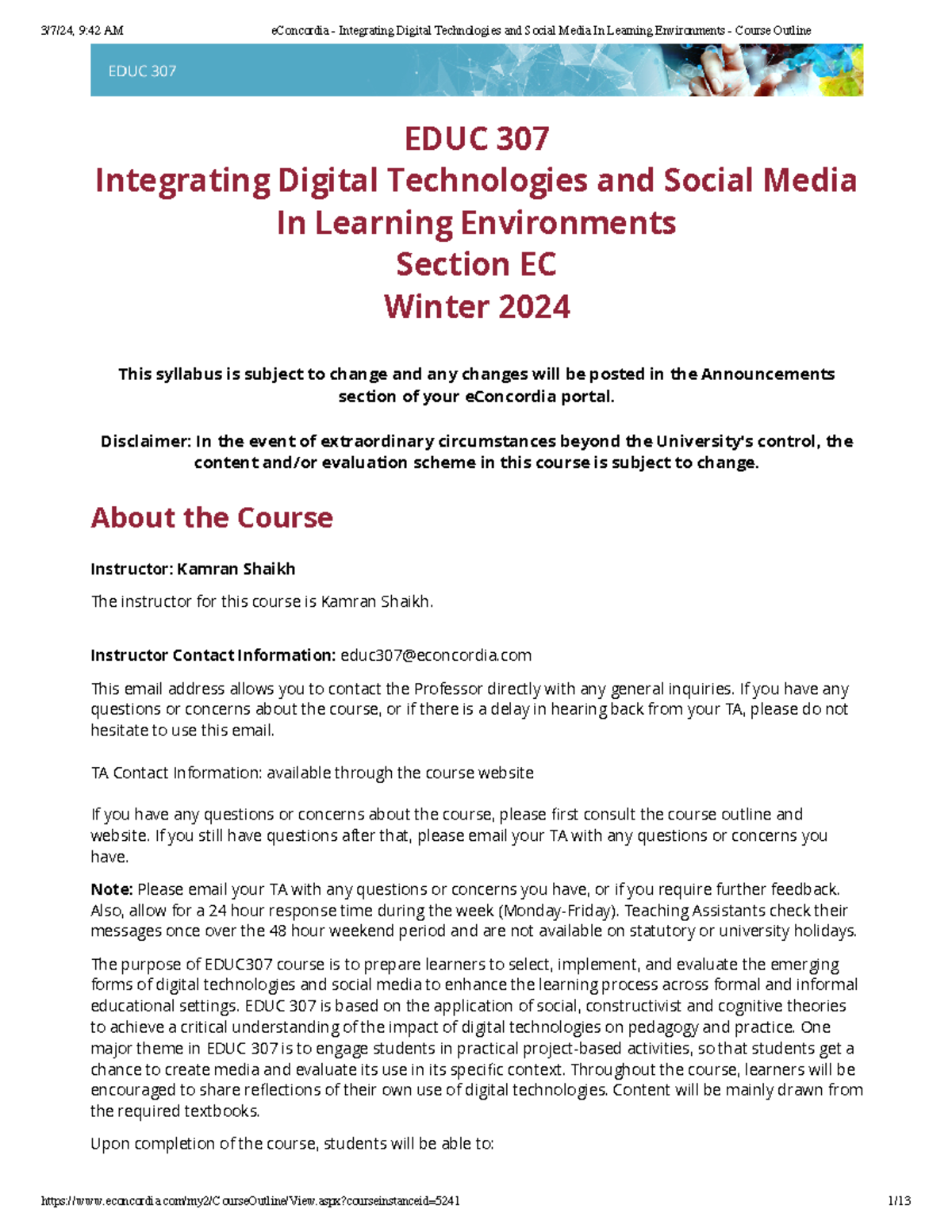 EDUC 307 outline Winter'24 - EDUC 307 Integrating Digital Technologies ...