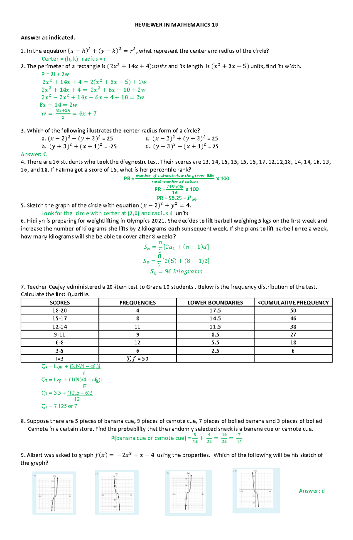 Reviewer-IN- Mathematics-10 - REVIEWER IN MATHEMATICS 10 Answer as ...