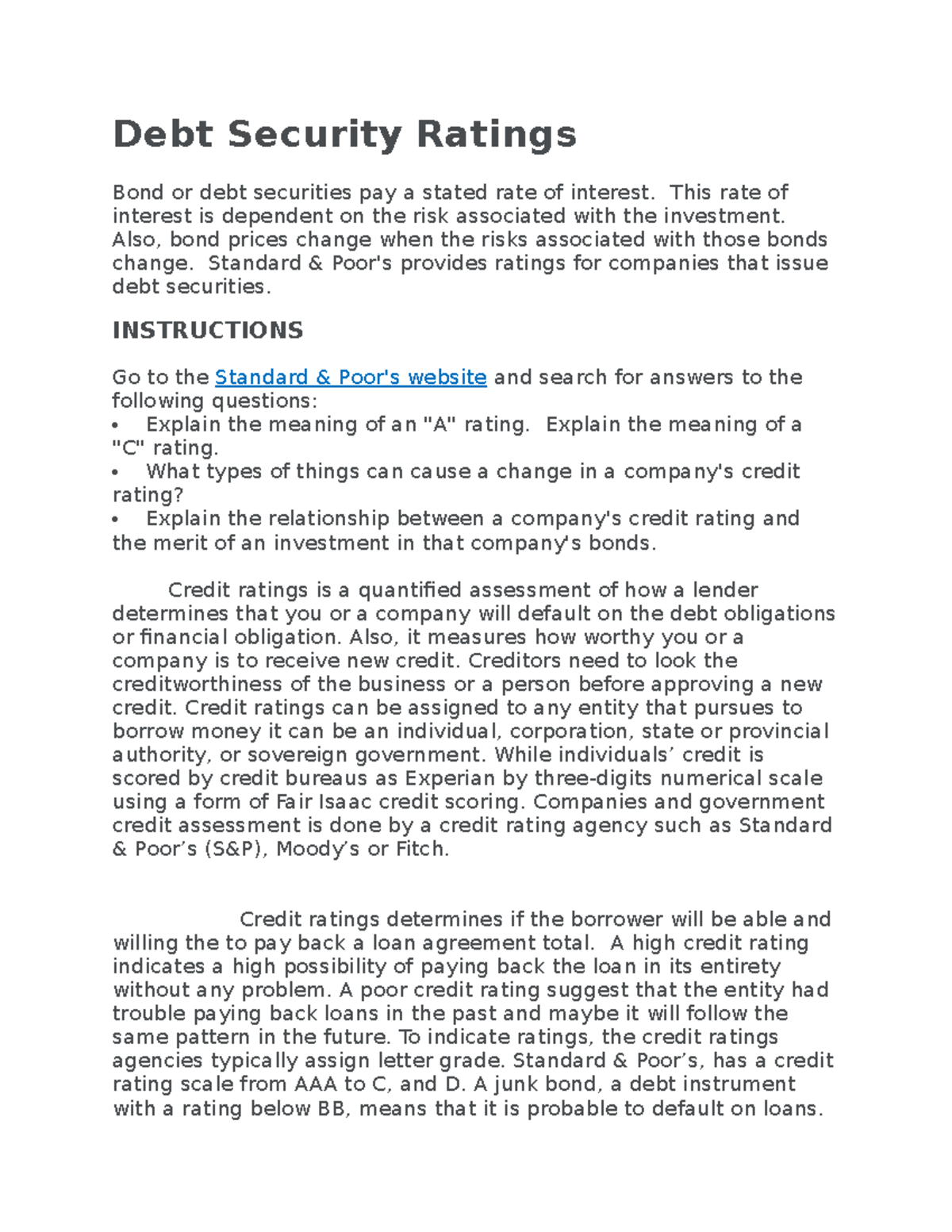 Debt Security Ratings - Discussion 3 - Debt Security Ratings Bond or ...