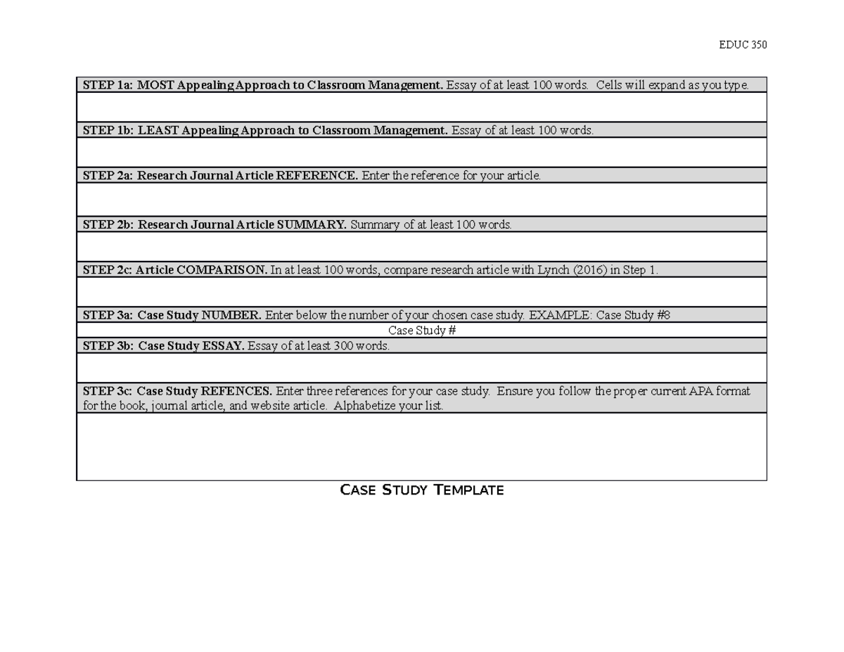 Case Study Template - Instructions - EDUC 350 STEP 1a: MOST Appealing ...