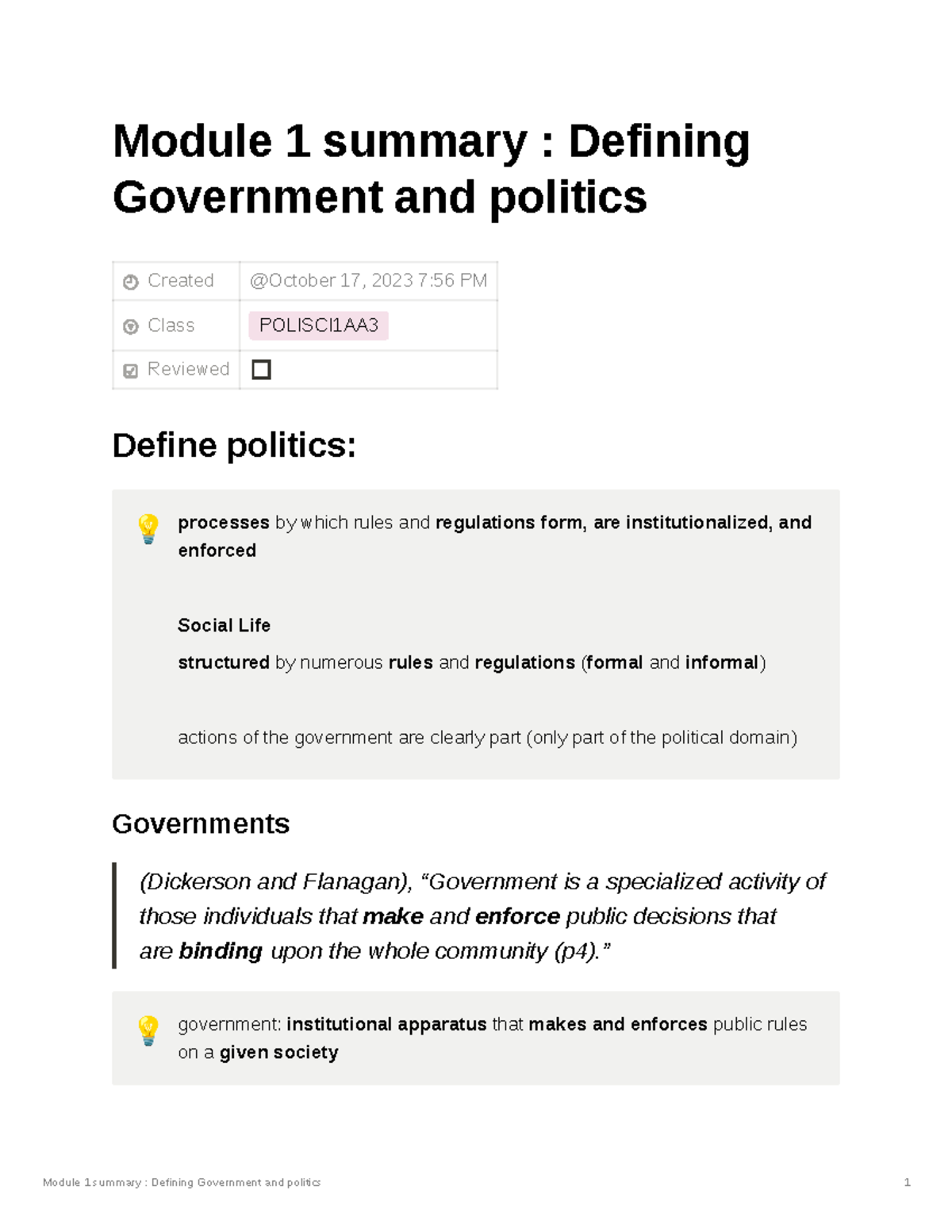 Module 1 summary Defining Government and politics - Module 1 summary ...