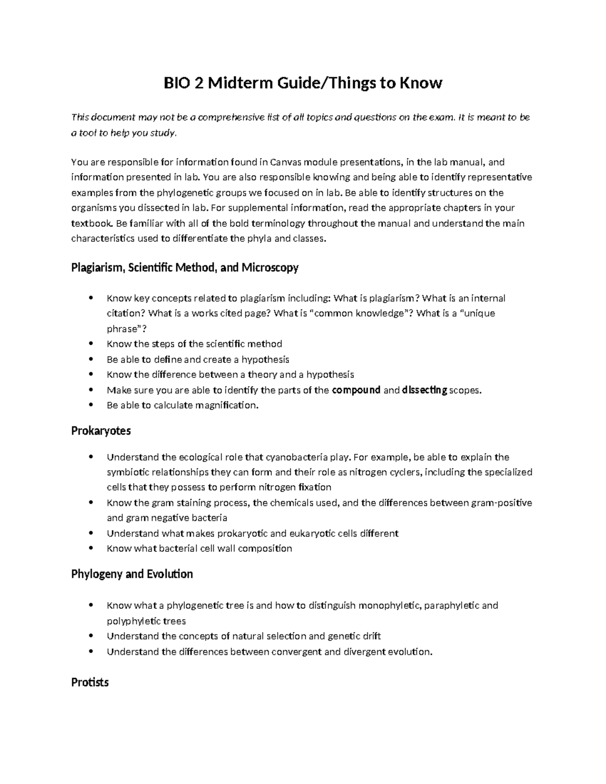 Bio 2 Midterm Study Guide - BIO 2 Midterm Guide/Things to Know This ...
