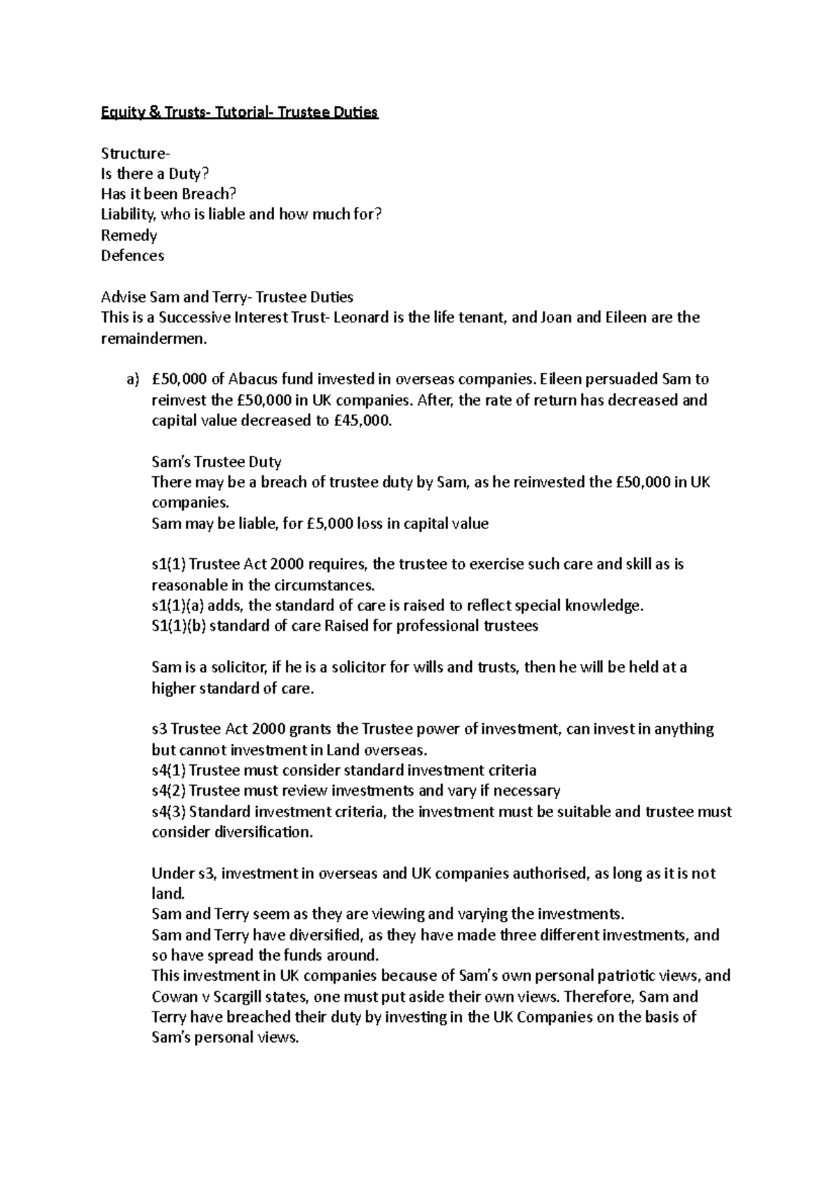 Equity and Trusts Trustees duties - Equity & Trusts- Tutorial- Trustee ...