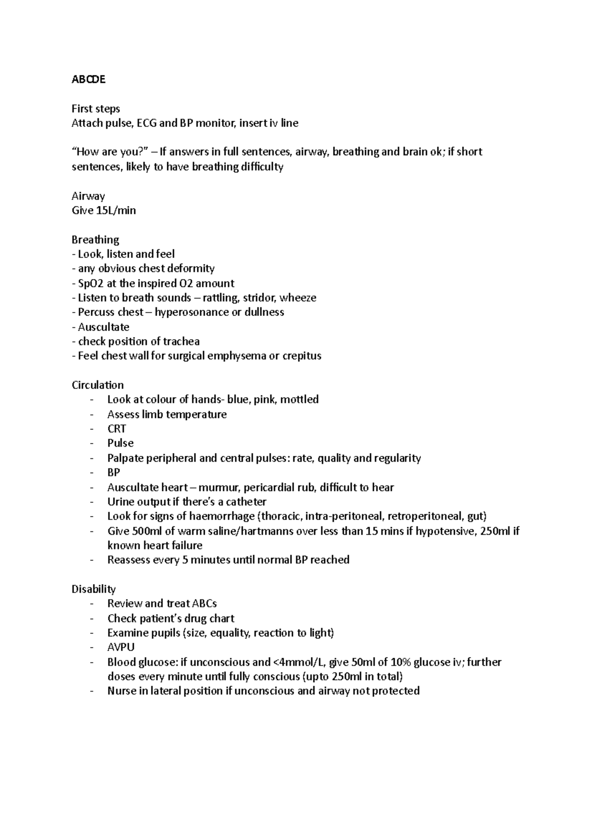 Abcde - ABCDE First steps Attach pulse, ECG and BP monitor, insert iv ...