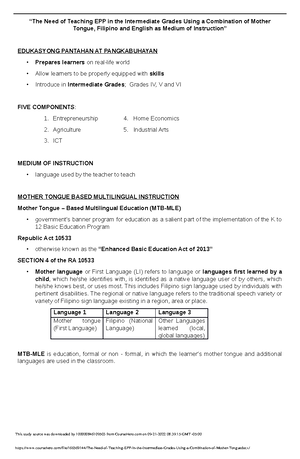Study Guide 3 - It is all bout the need of teaching epp in the ...