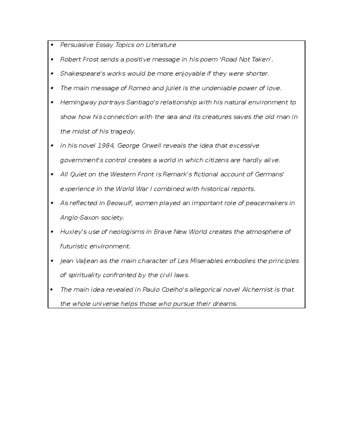 Persuasive Essay Topics on Literature - Shakespeare's works would be ...