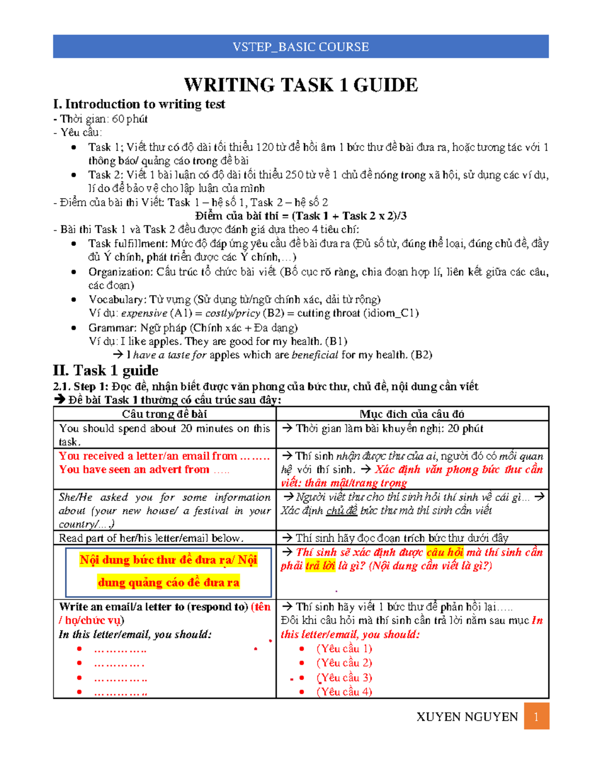 B1 - Day 1 - day 1 - WRITING TASK 1 GUIDE I. Introduction to writing ...