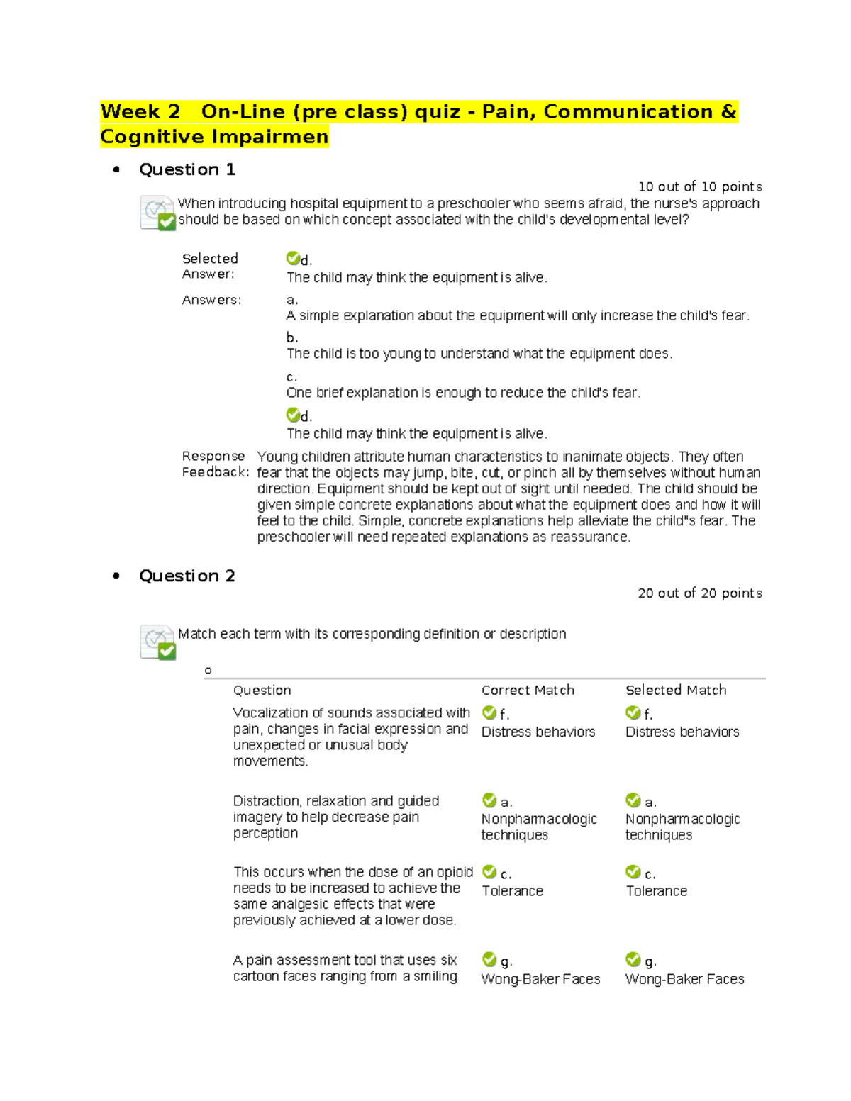 Week 2 quiz online pain , conginitive impairment - Week 2 On-Line (pre ...