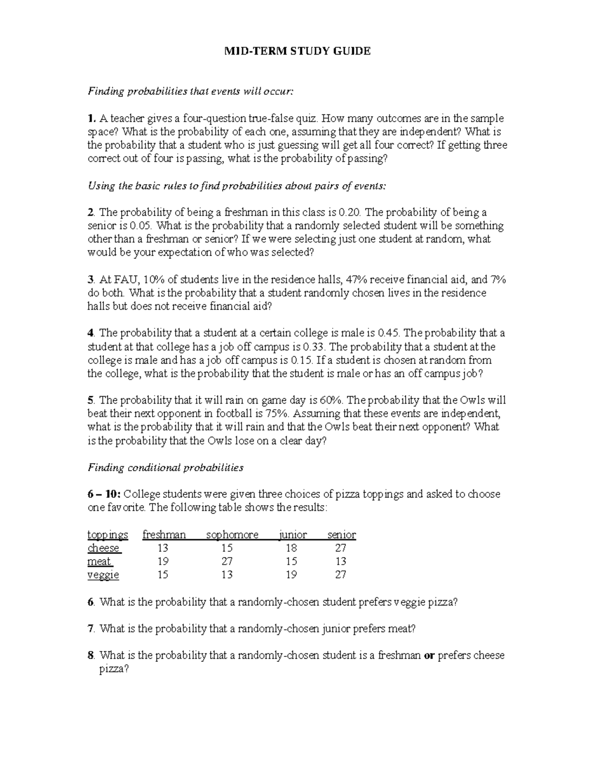 Midterm Study Guide - MID-TERM STUDY GUIDE Finding probabilities that ...