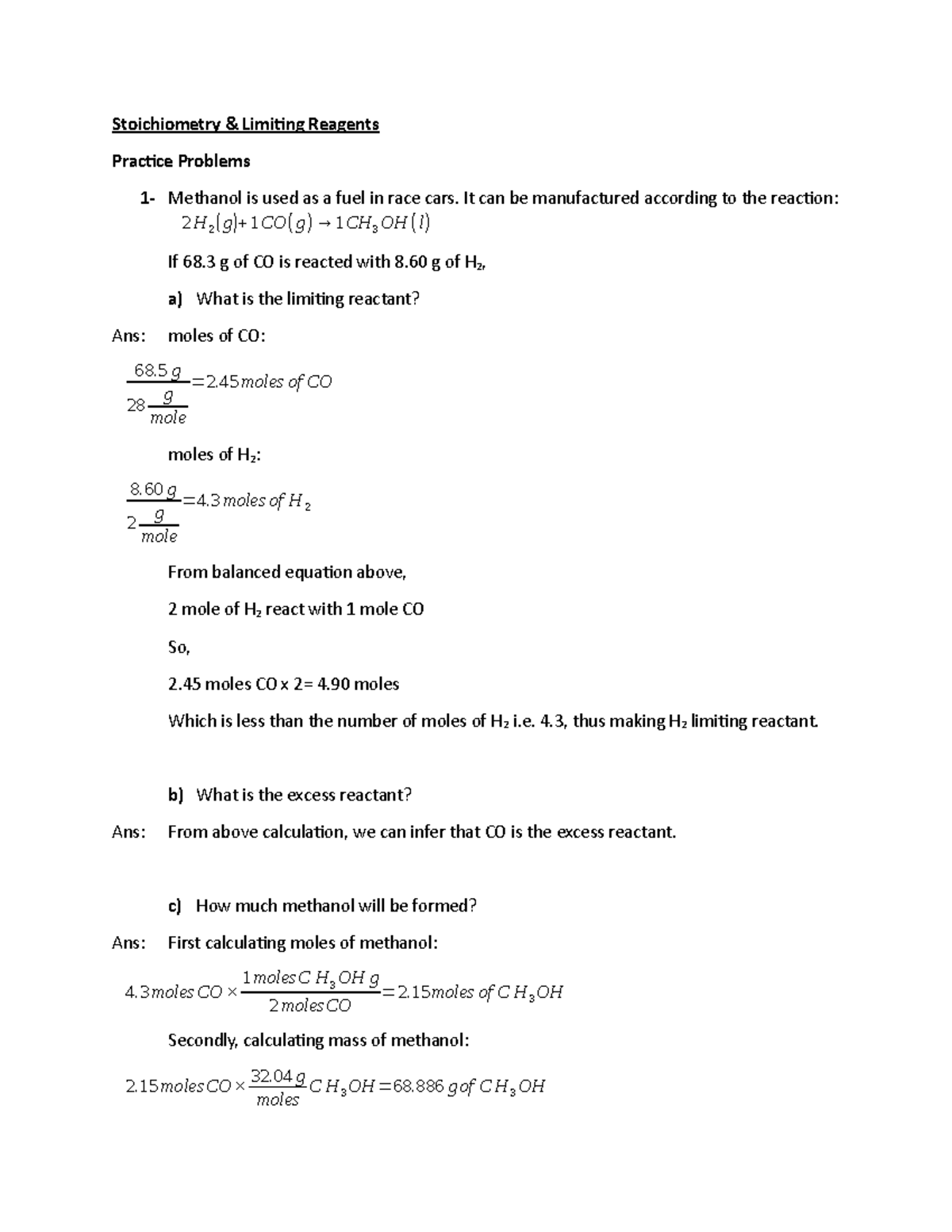 Acid Base Titration Q/A - Stoichiometry & Limiting Reagents Practice ...