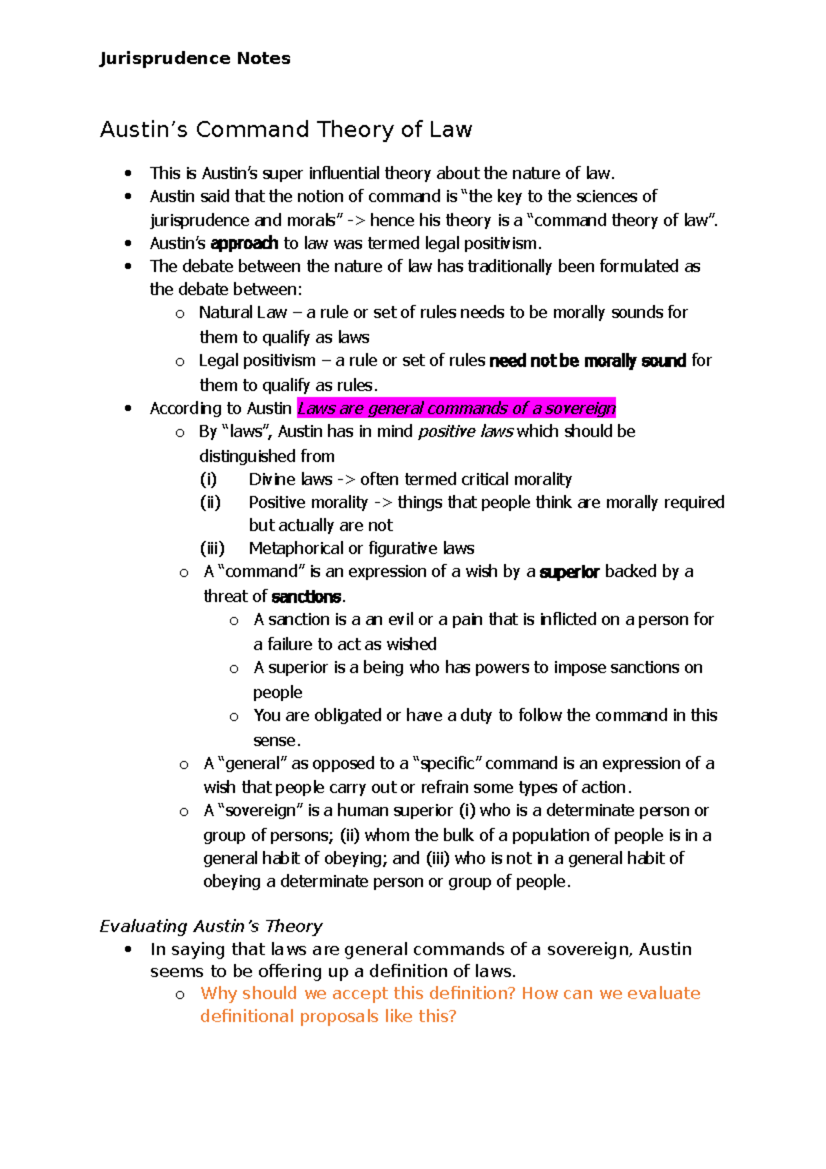 Jurisprudence Notes - Austin, Hobbes, Rousseau - Jurisprudence Notes ...