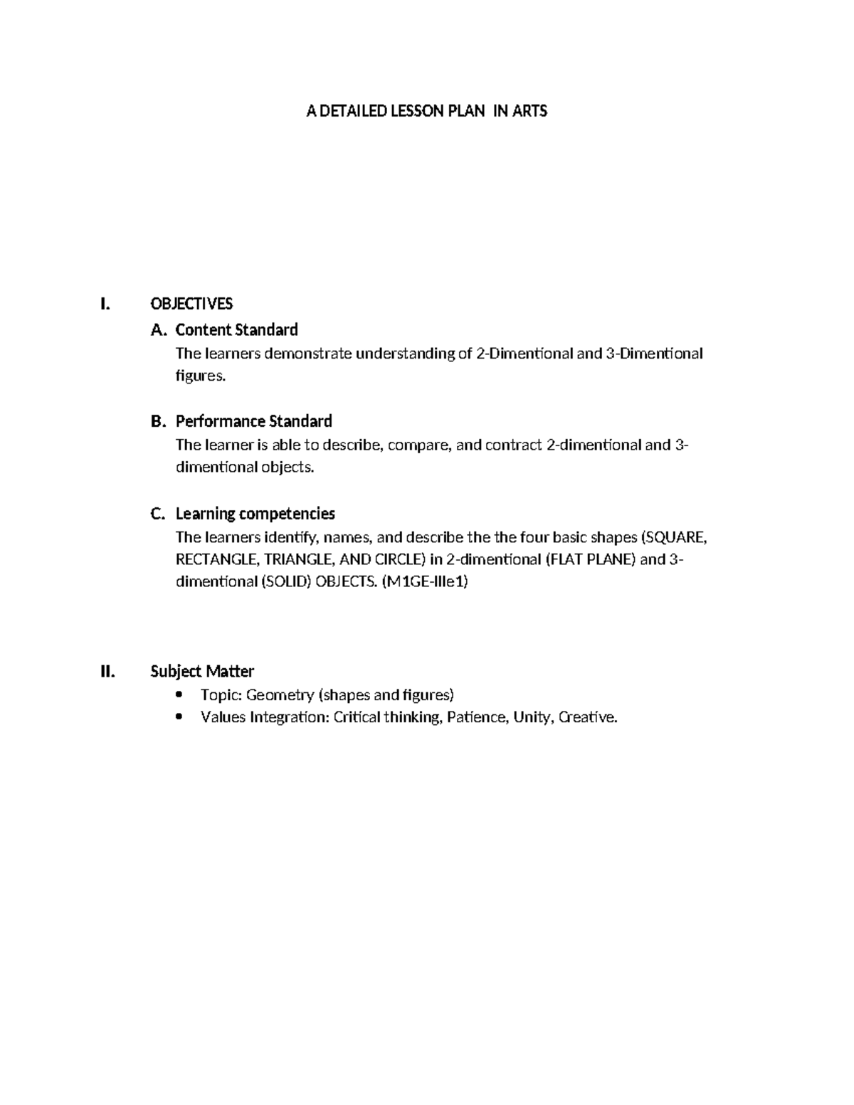 DLP IN ARTS - Lesson plan - A DETAILED LESSON PLAN IN ARTS I ...