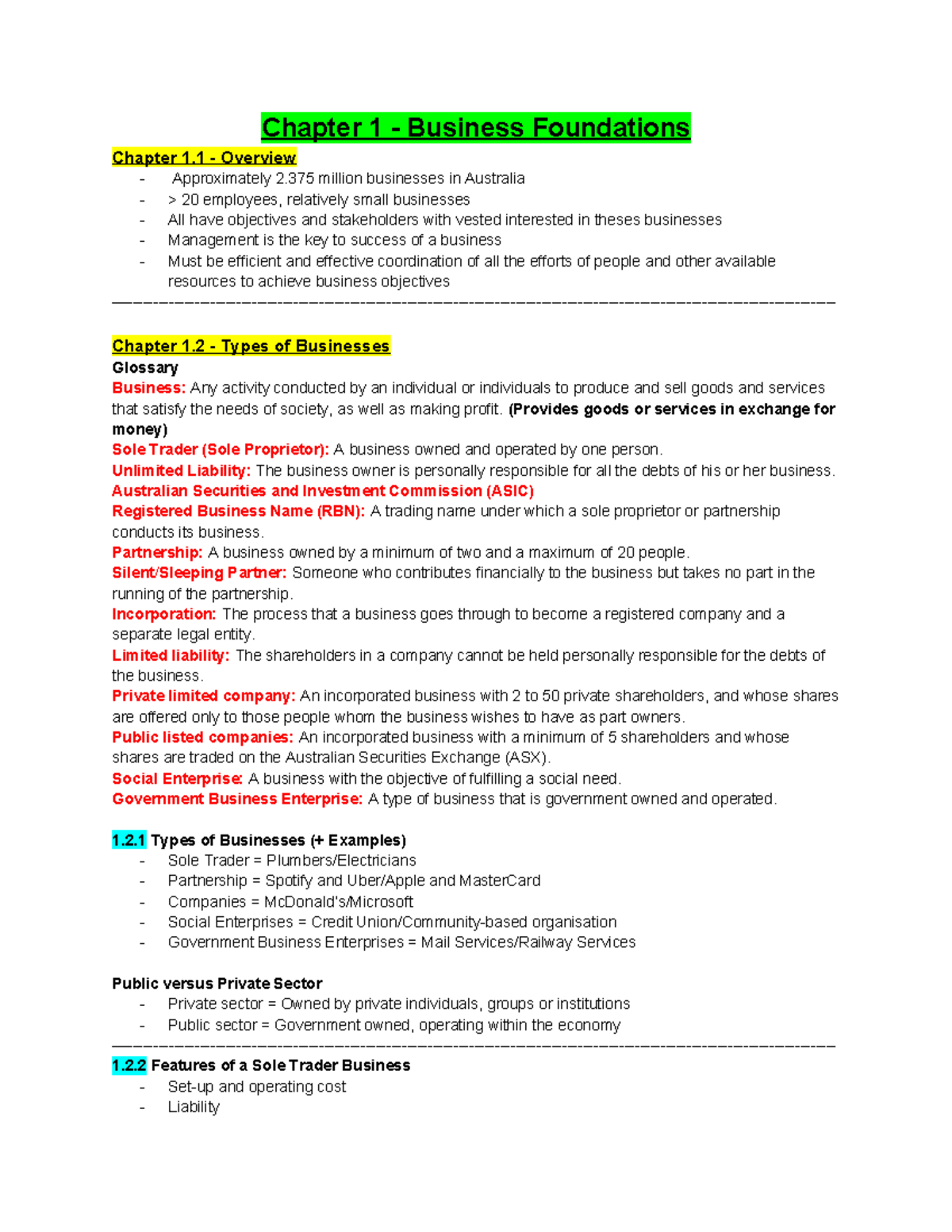 Business Management Notes - Chapter 1 - Business Foundations Chapter 1 ...