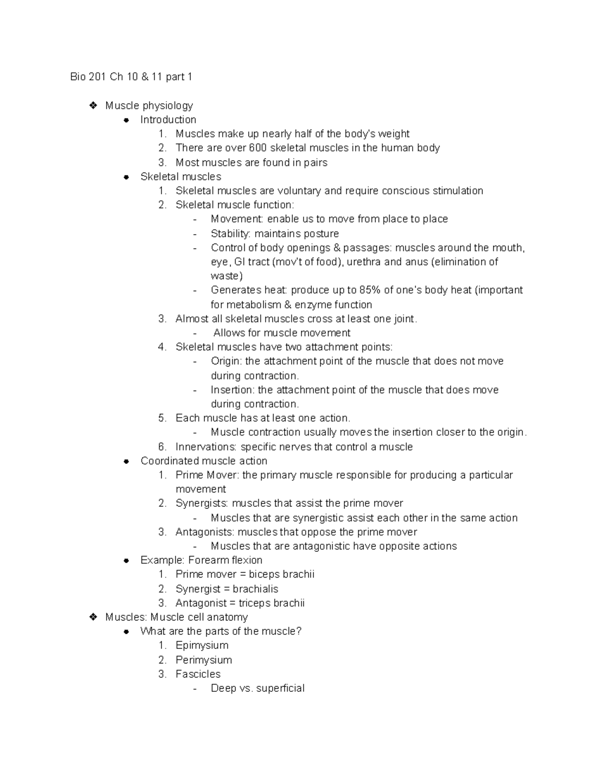Bio Ch 10 and 11 - Dr. Kellar class part 1 - Bio 201 Ch 10 & 11 part 1 Muscle physiology - Studocu