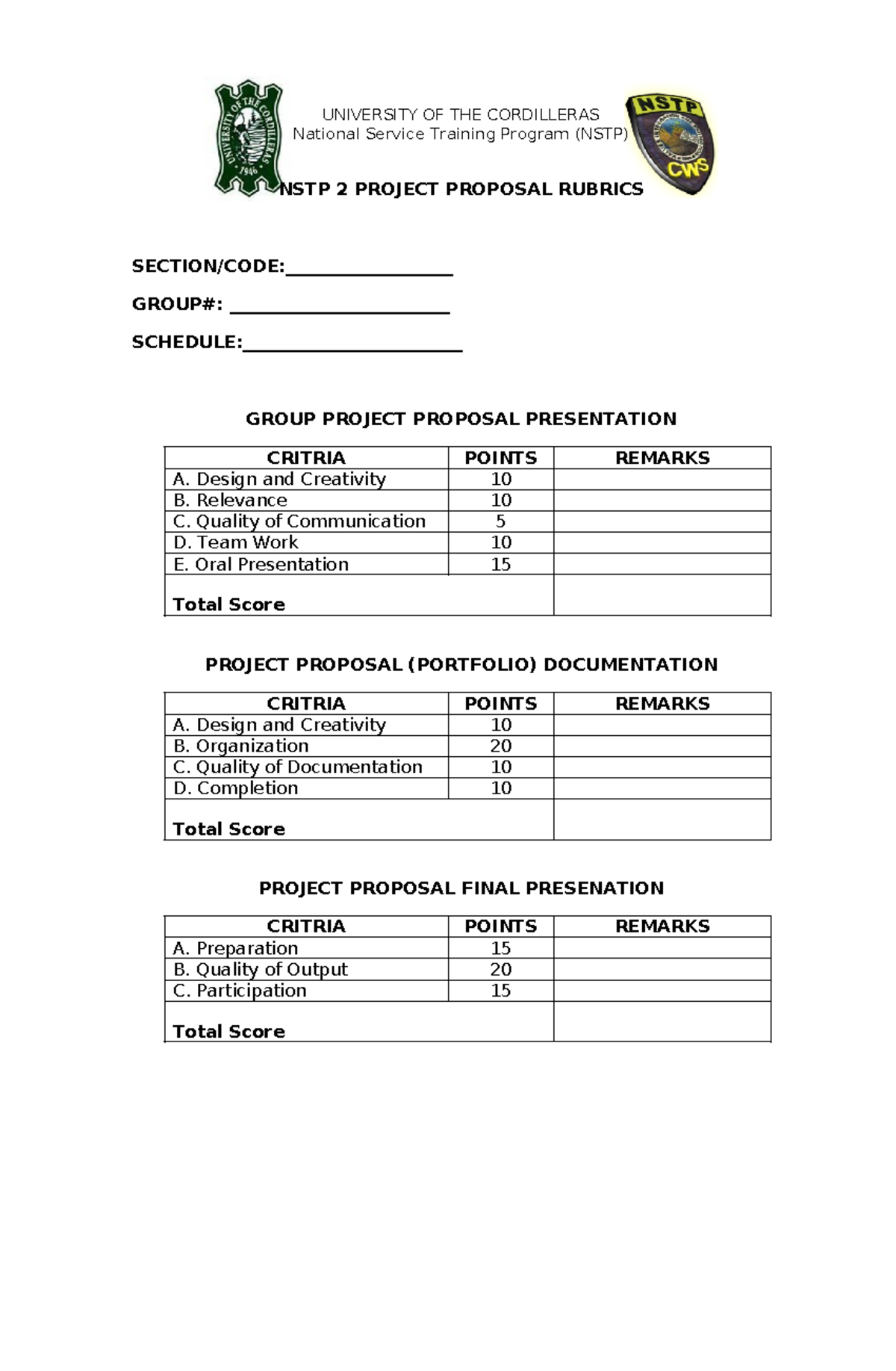 Rubrics-for-Portfolio - UNIVERSITY OF THE CORDILLERAS National Service ...