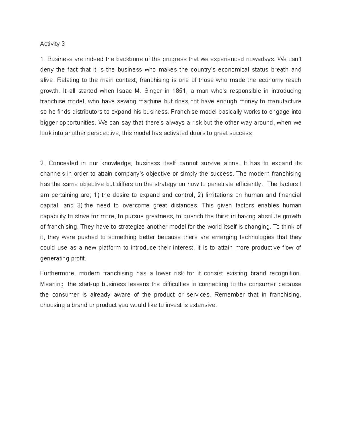 Franchising - Activity 3 Business are indeed the backbone of the ...