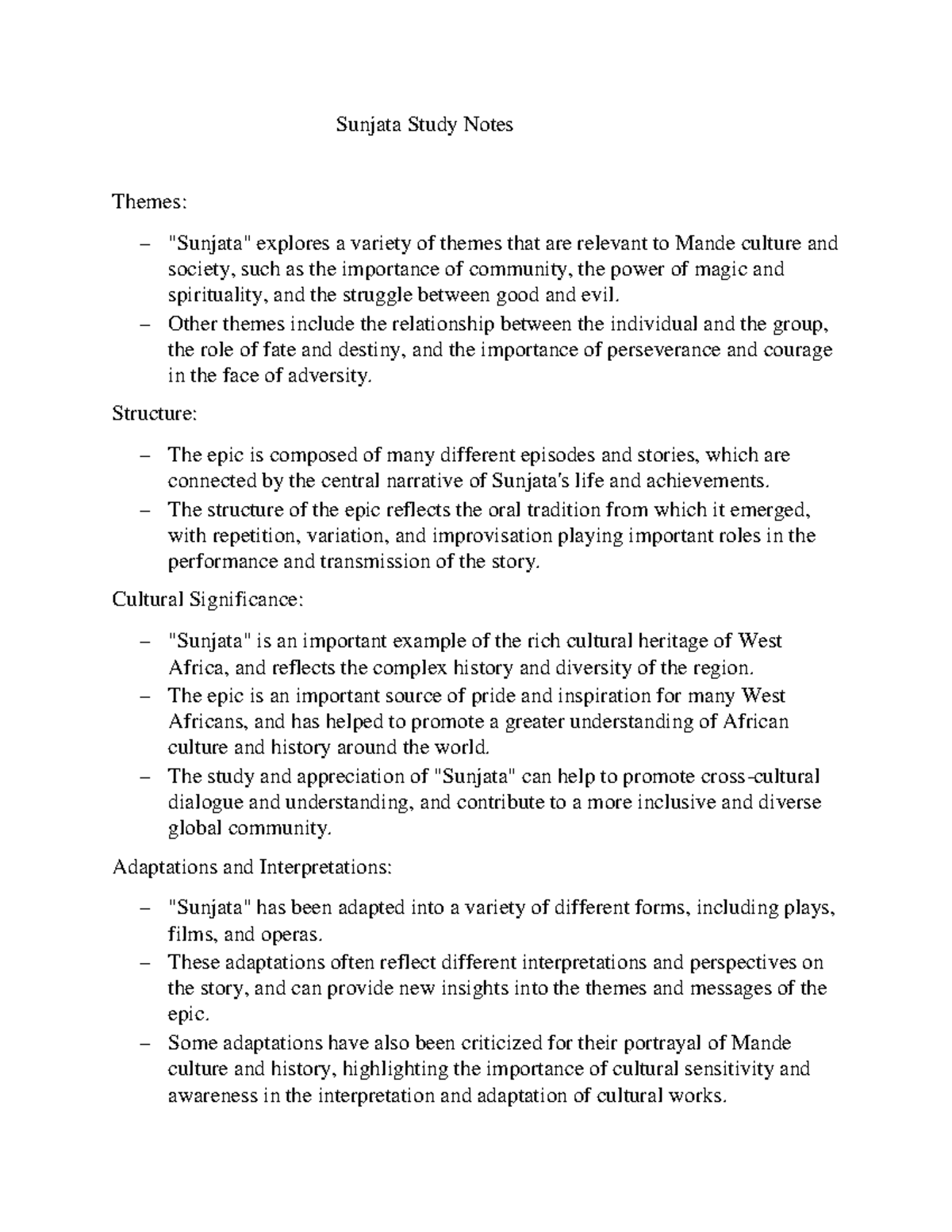 Sunjata Study Notes pt 2 - Sunjata Study Notes Themes: − "Sunjata ...