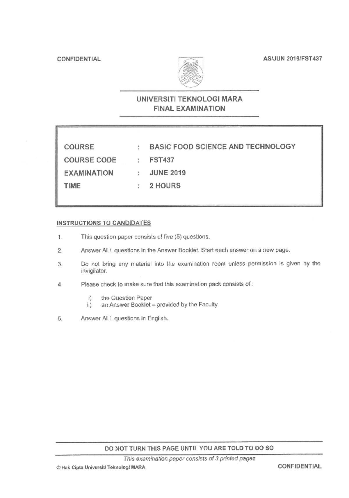 Faculty Applied Sciences 2019 Session 2 - Degree FST437 - Introduction ...