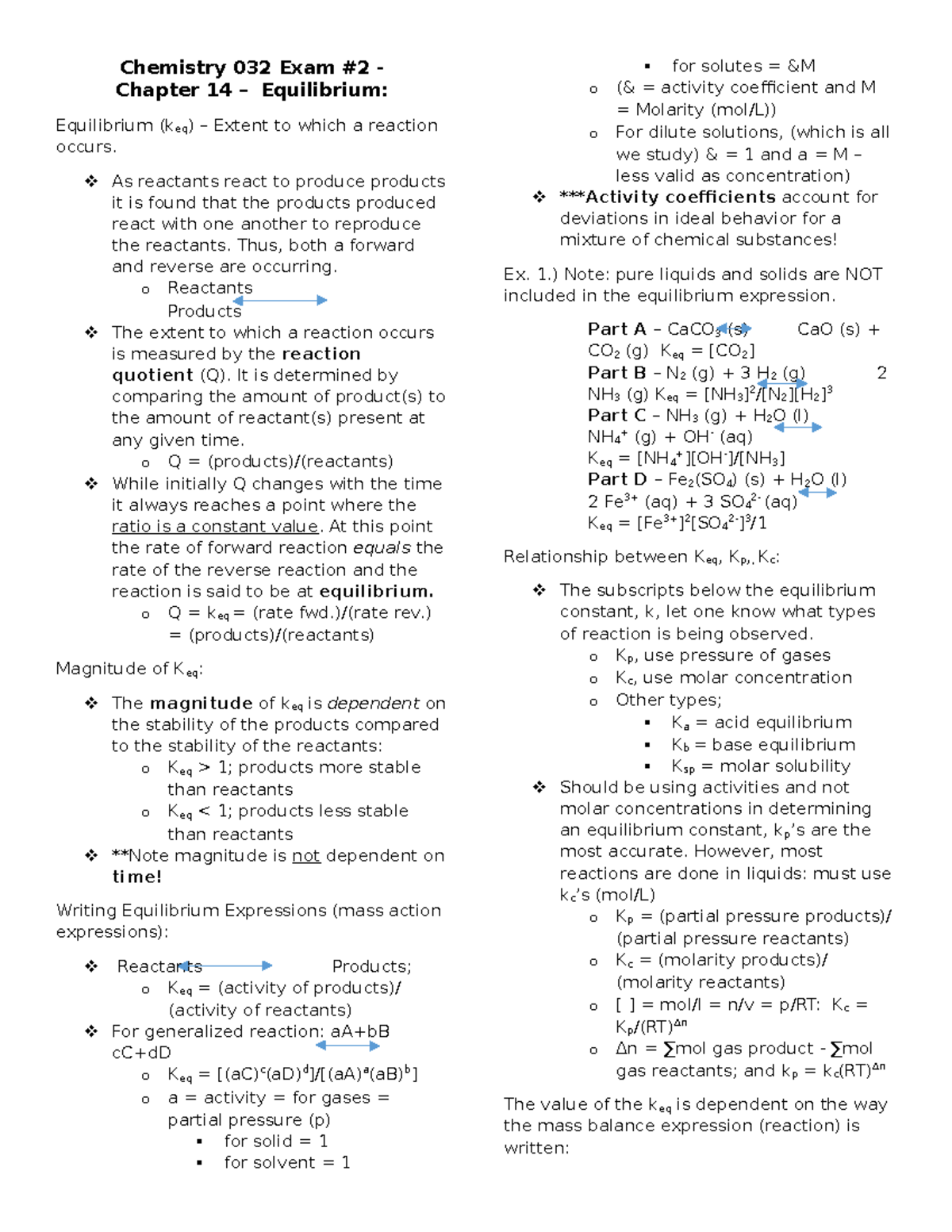 Chapter 14 - Equilibrium - Chemistry 032 Exam #2 - Chapter 14 ...