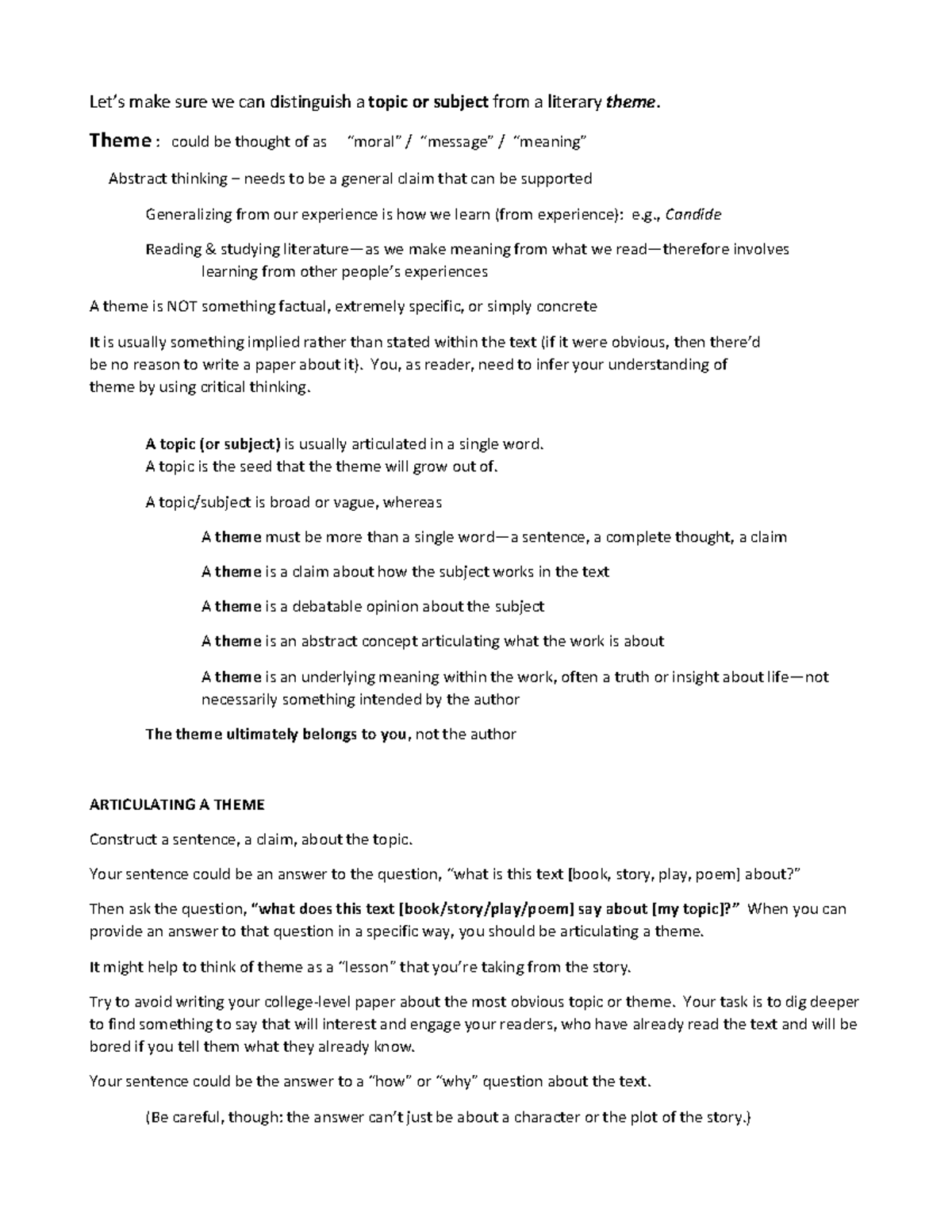 Theme handout,F15 - Let’s make sure we can distinguish a topic or ...