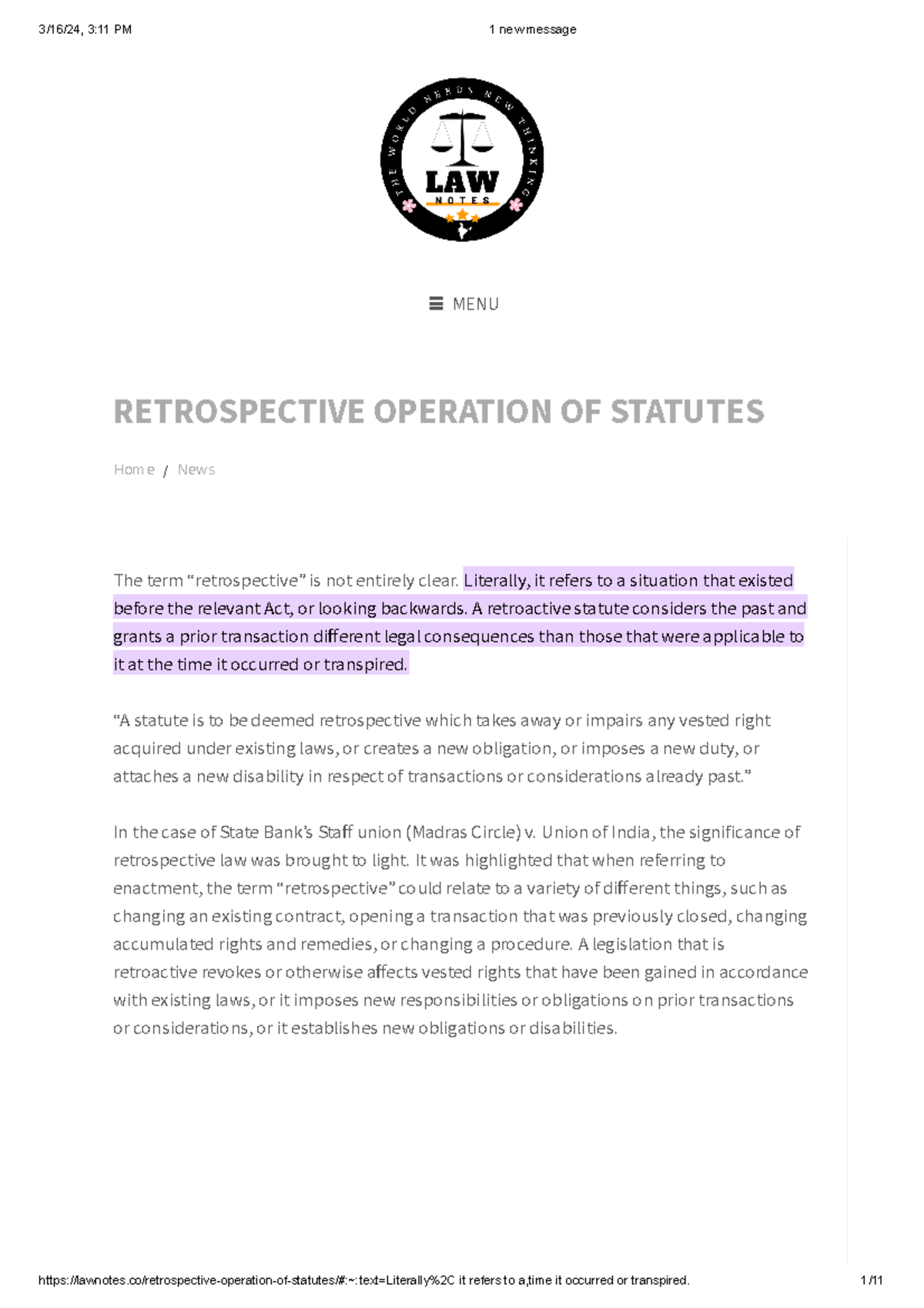 Retrospective operation of statutes - The term “retrospective” is not ...