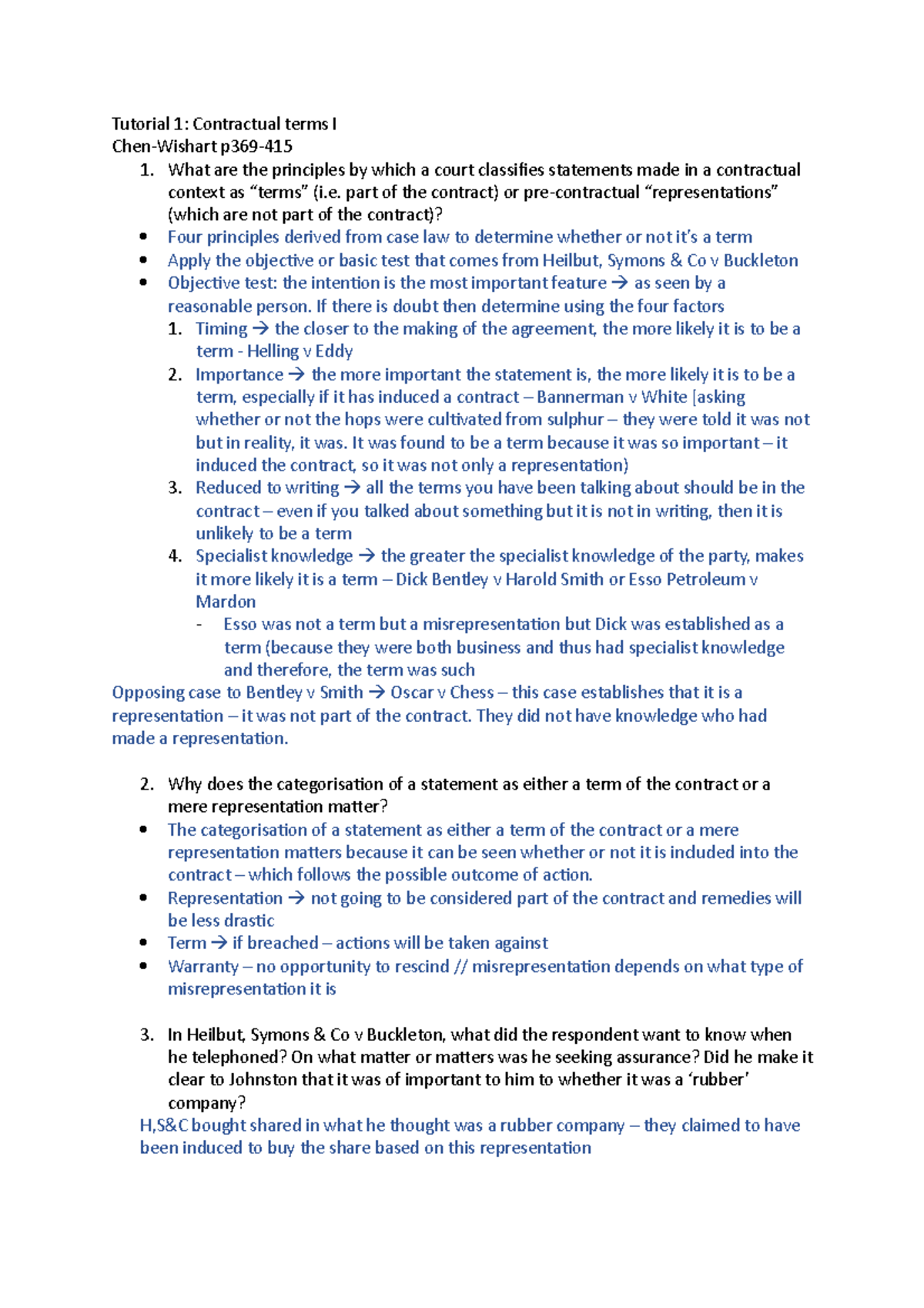 Tutorial 1 - week 1 - Tutorial 1: Contractual terms I Chen-Wishart p369- 1. What are the ...