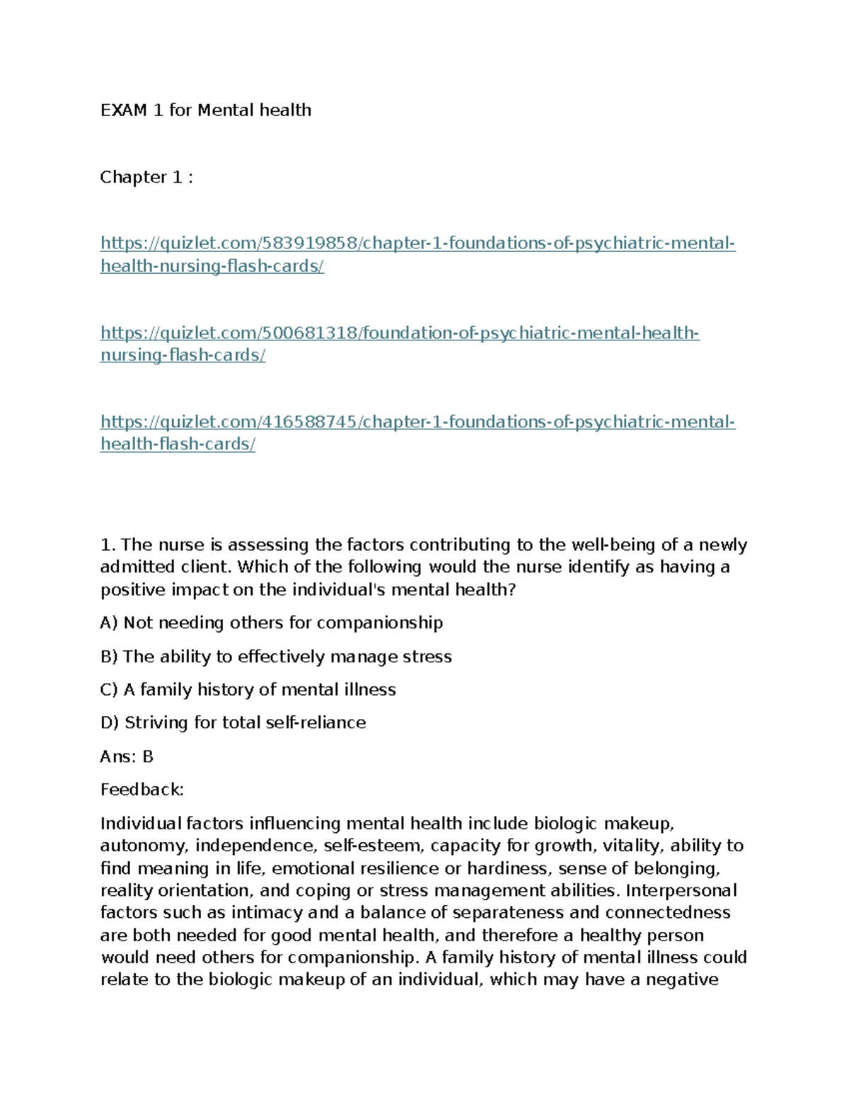 EXAM 1 for Mental health - EXAM 1 for Mental health Chapter 1 : - Studocu