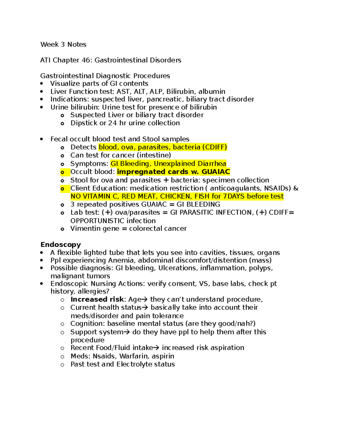 Week 3 Notes- GI Notes combination of topics - PLEASE OPEN to see ...