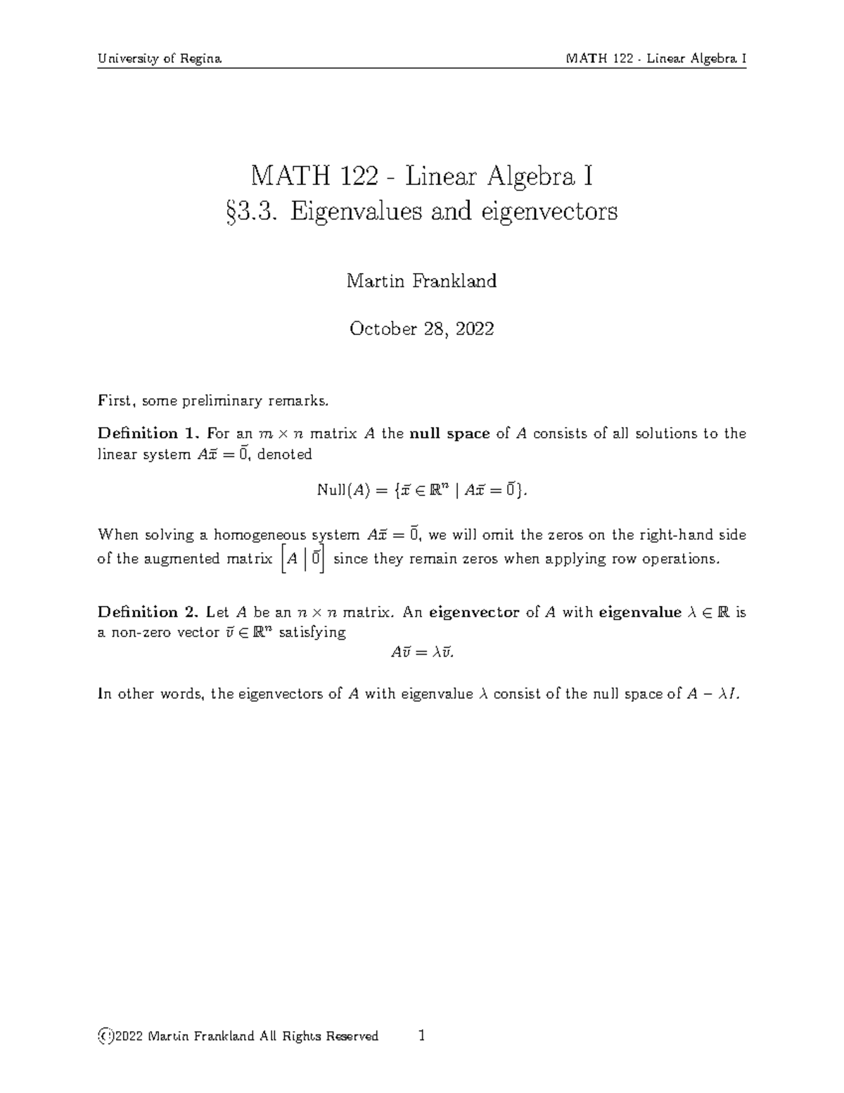 Math122 3-3 Eigenvectors - MATH 122 - Linear Algebra I 3. Eigenvalues and eigenvectors Martin ...