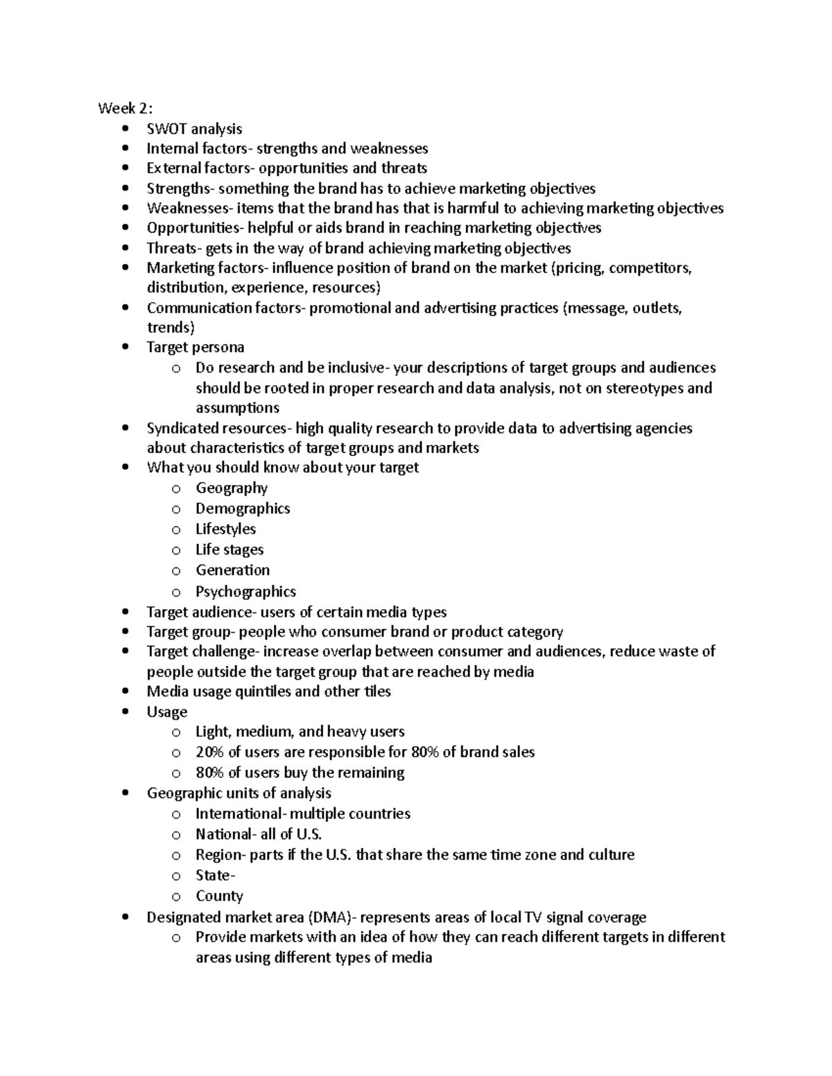 ADV 350 W2 Notes - Week 2: SWOT analysis Internal factors- strengths ...