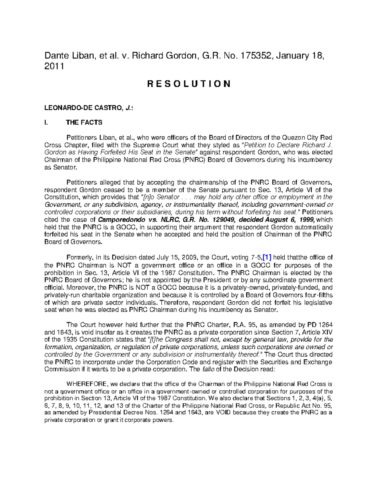 Toaz - Notes - Dante Liban, et al. v. Richard Gordon, G. No. 175352 ...